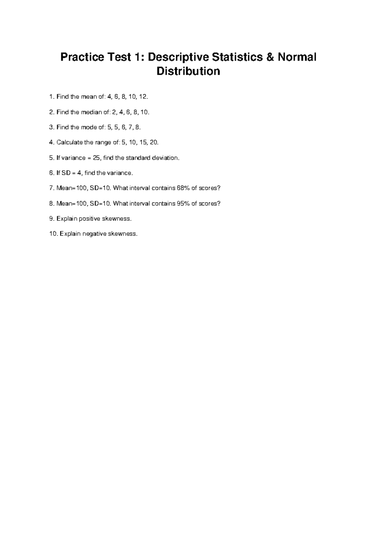 Stats Practice Test 1 - discriptive and norminal statistics - Practice ...