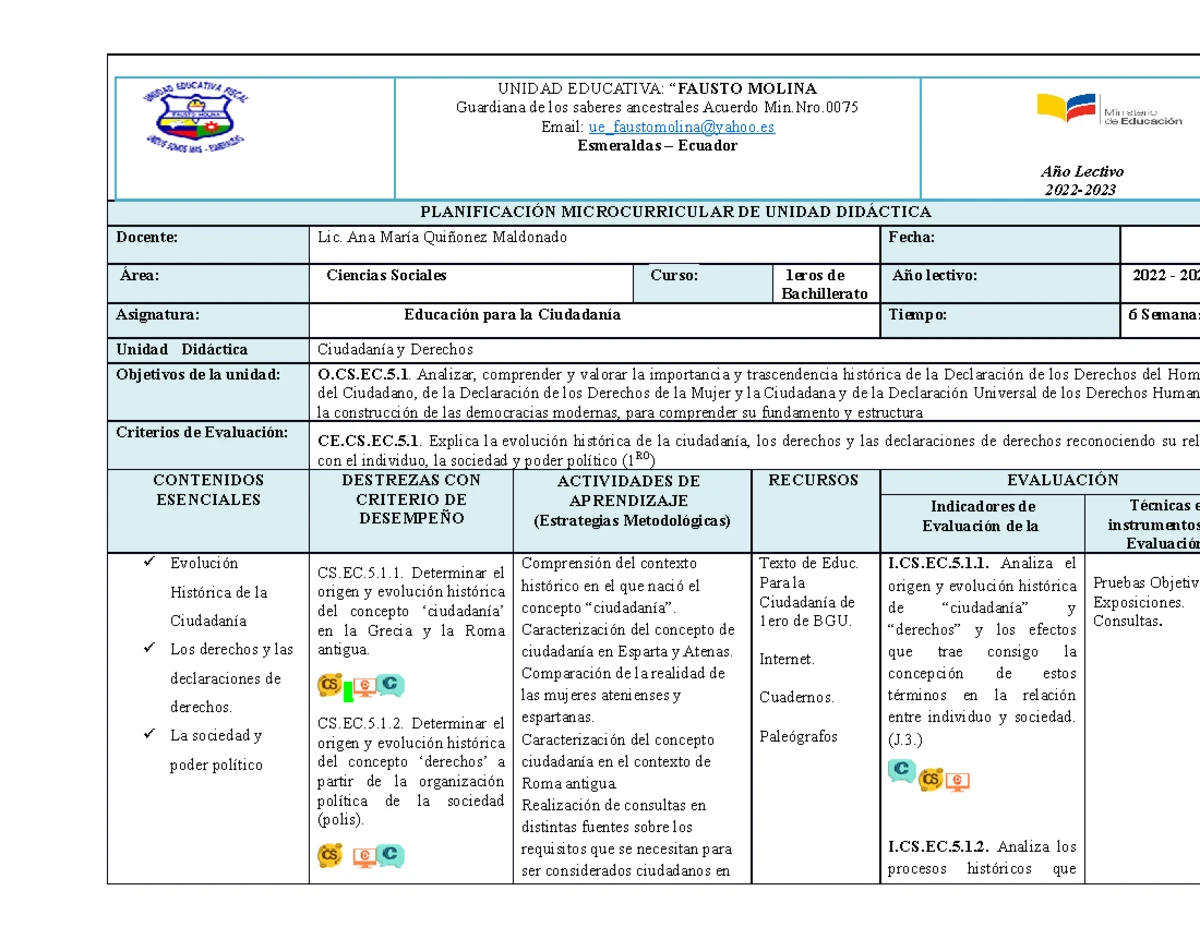 2DO DE BGU Ciudadania - UNIDAD EDUCATIVA: “ FAUSTO MOLINA Guardiana de ...