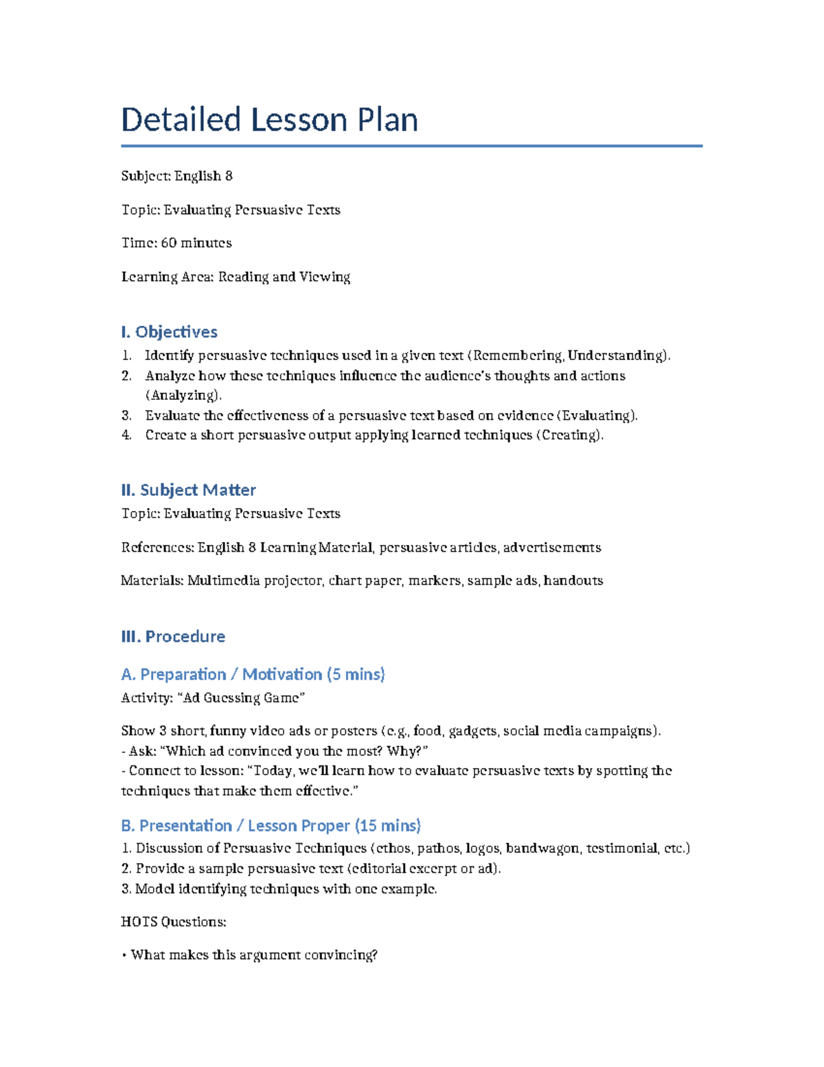 DLP: Evaluating Persuasive Texts in English 8 Lesson Plan - Studocu