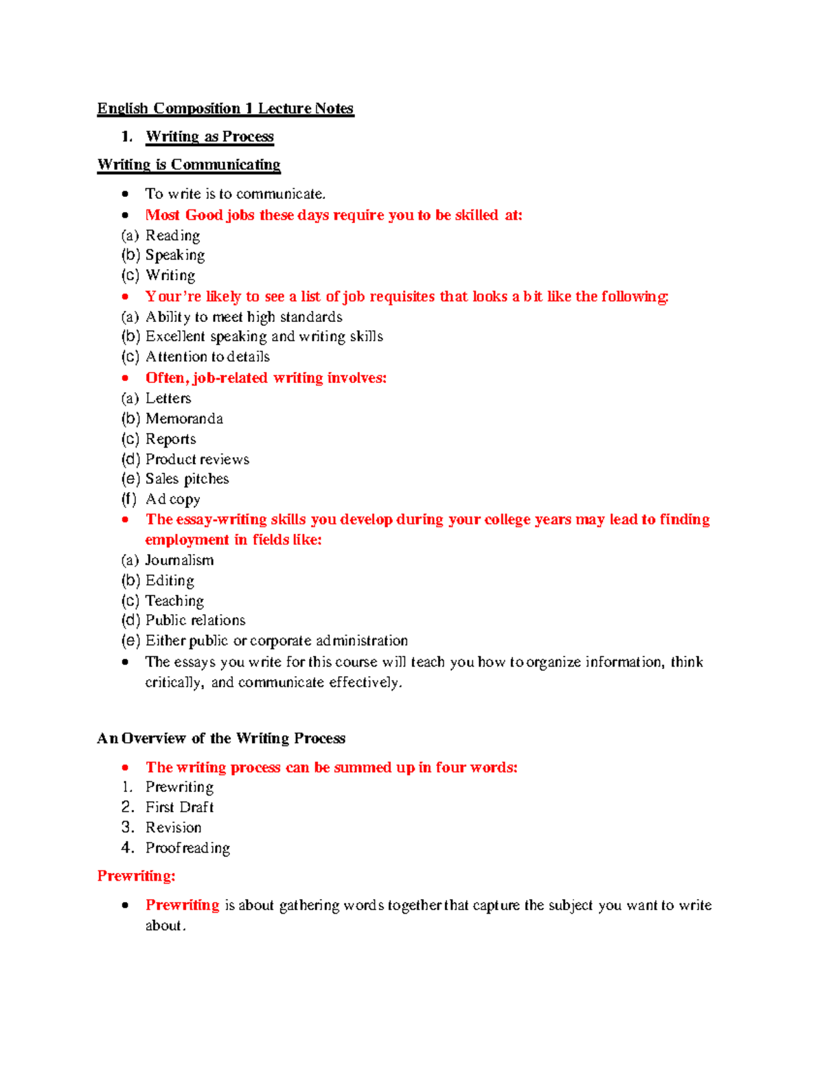 Week 1 Unit 1 English Comp 1 Lecture Notes: Writing as Communication ...
