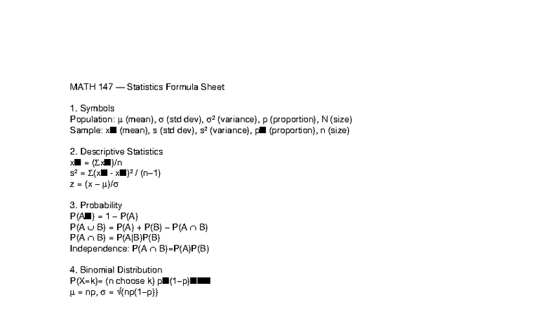 MATH 147 Final Exam Statistics Formula Sheet - Studocu