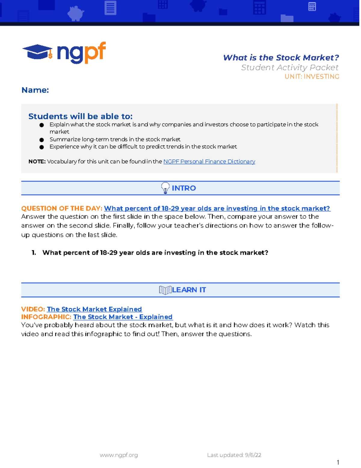 Stock Market Insights: Student Activity Packet for Investing Unit - Studocu