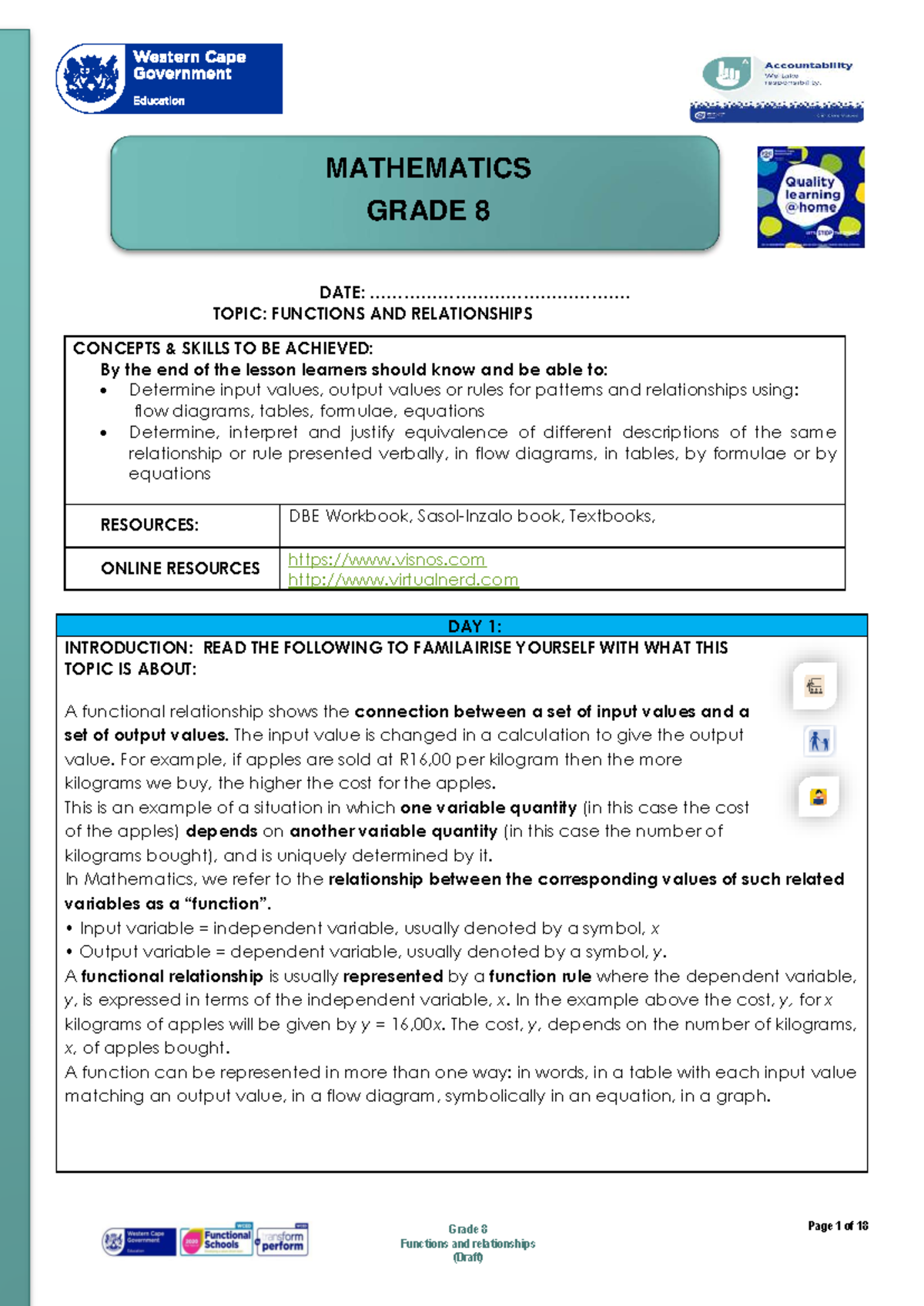 Grade 8 Mathematics Functions & Relationships: Concepts & Activities - Studocu