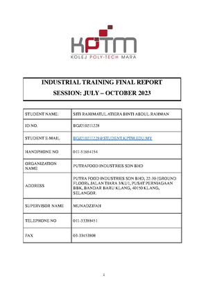 Sample report - INDUSTRIAL TRAINING REPORT Prepared by Sarina binti Abu ...