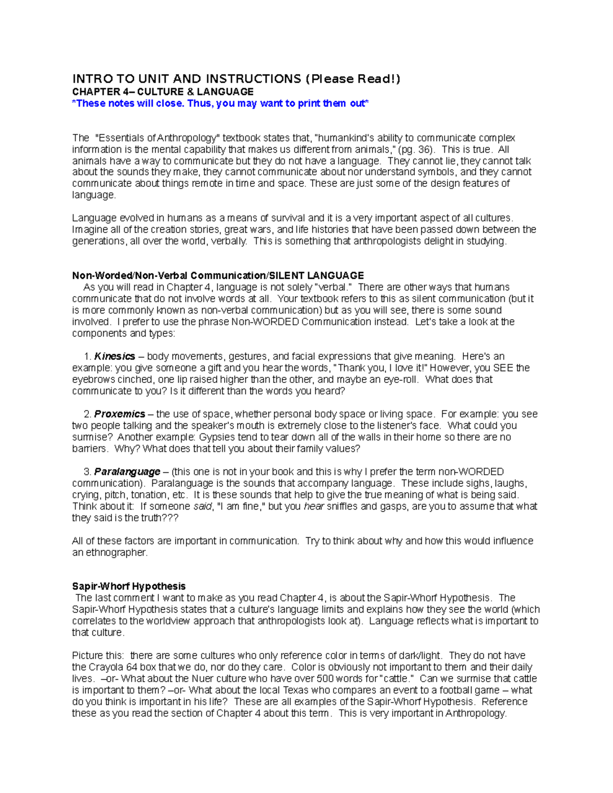 Anthropology Unit 3: Chapter 4 Culture & Language Notes - Studocu
