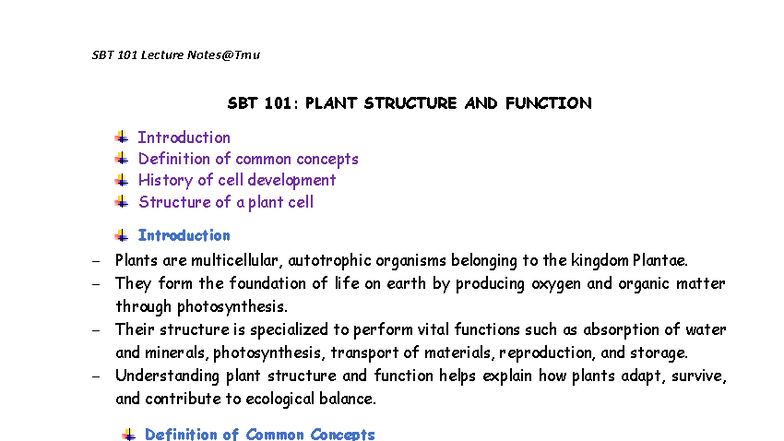SBT 101 Lecture Notes: Plant Structure & Function Overview - Studocu