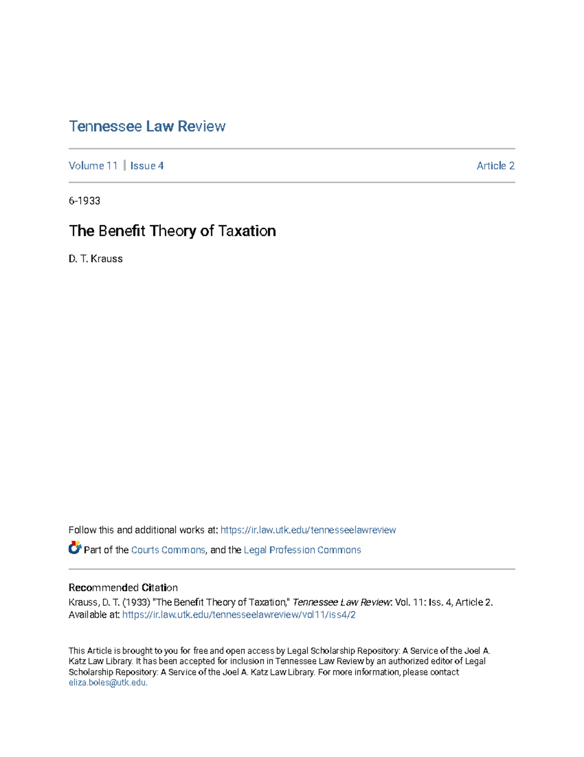 Tennessee Law Review: The Benefit Theory of Taxation (Vol. 11, Iss. 4 ...