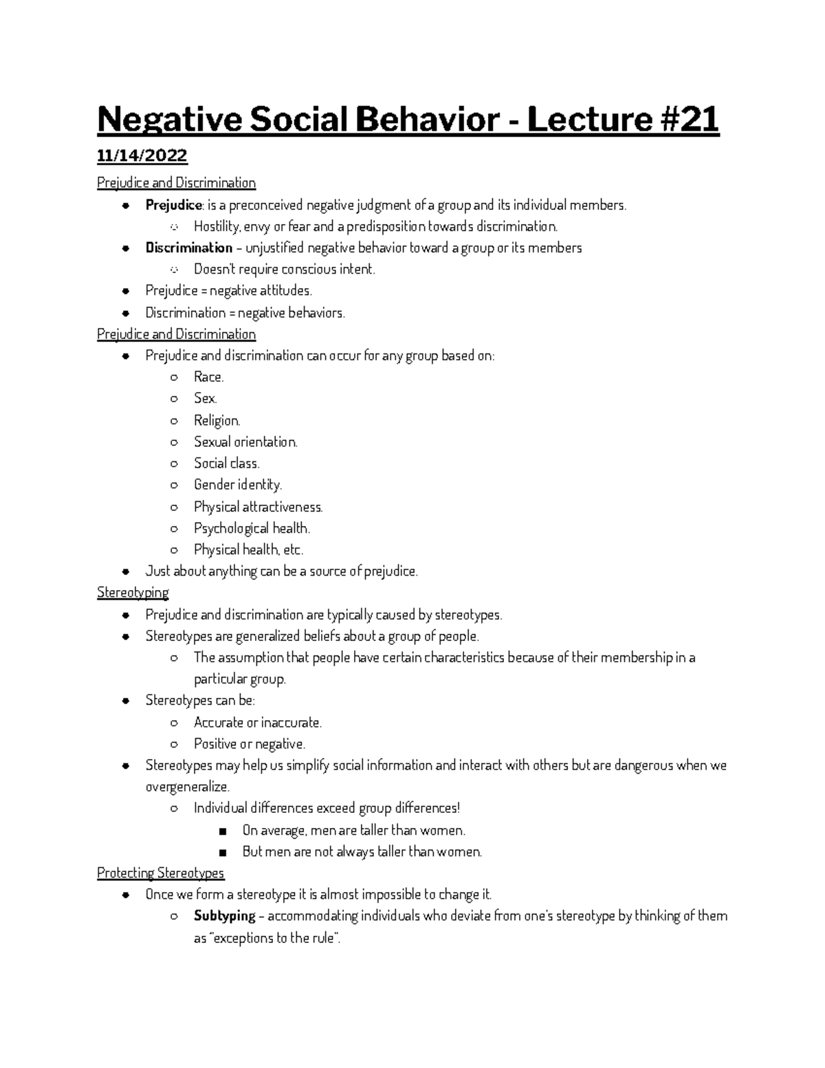 Negative Social Behavior - Lecture #21 Notes on Prejudice & Aggression ...