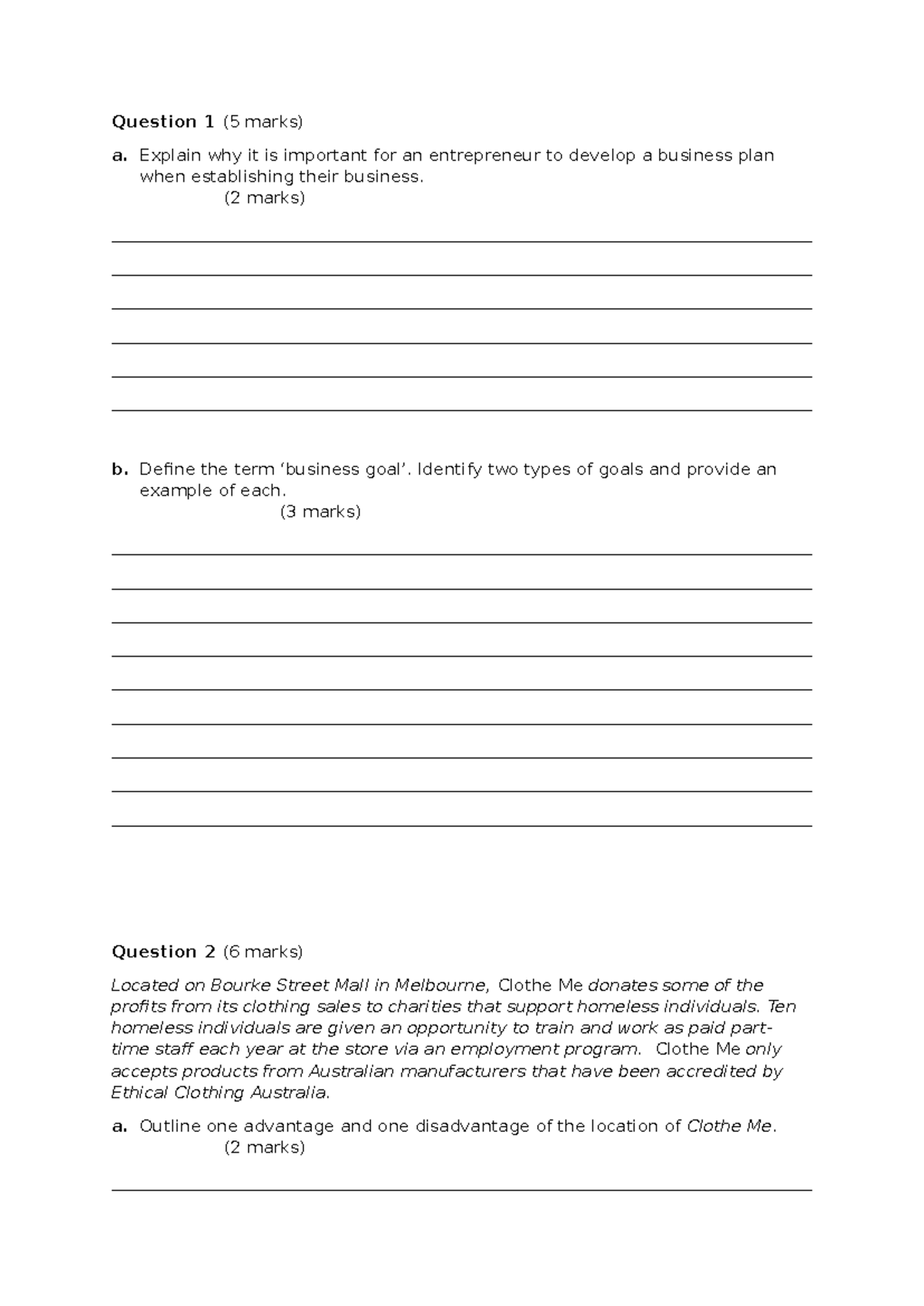 Business Management - Unit 1 Practice Exam Questions and Analysis - Studocu