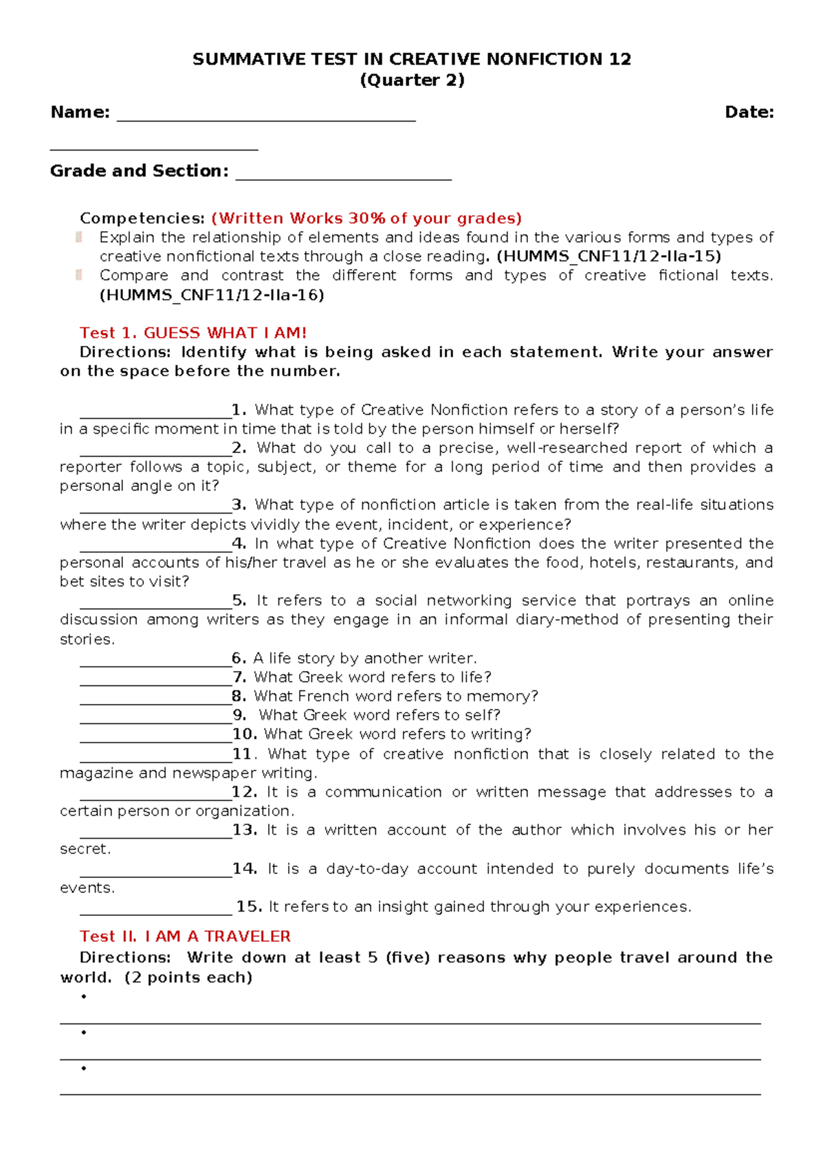 Summative Test 1 in Creative Nonfiction 12 (Quarter 2) - Studocu