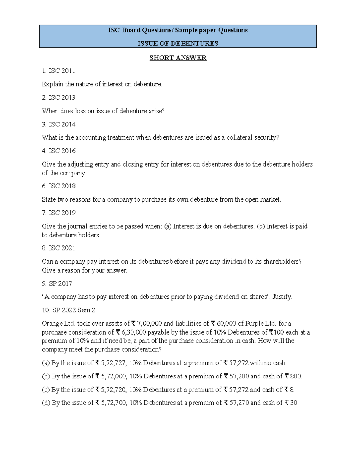 ISC Debentures Issue Sample Paper: Key Questions & Answers - Studocu