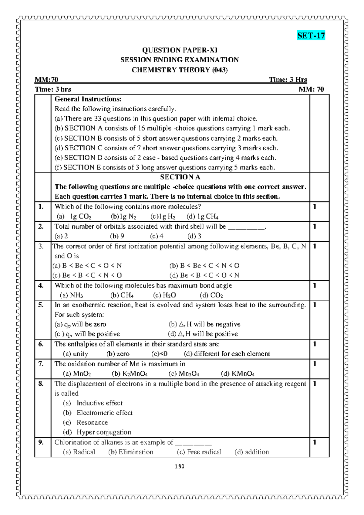 Chemistry Class XI Final Exam Question Paper (043) MM: 70 - Studocu