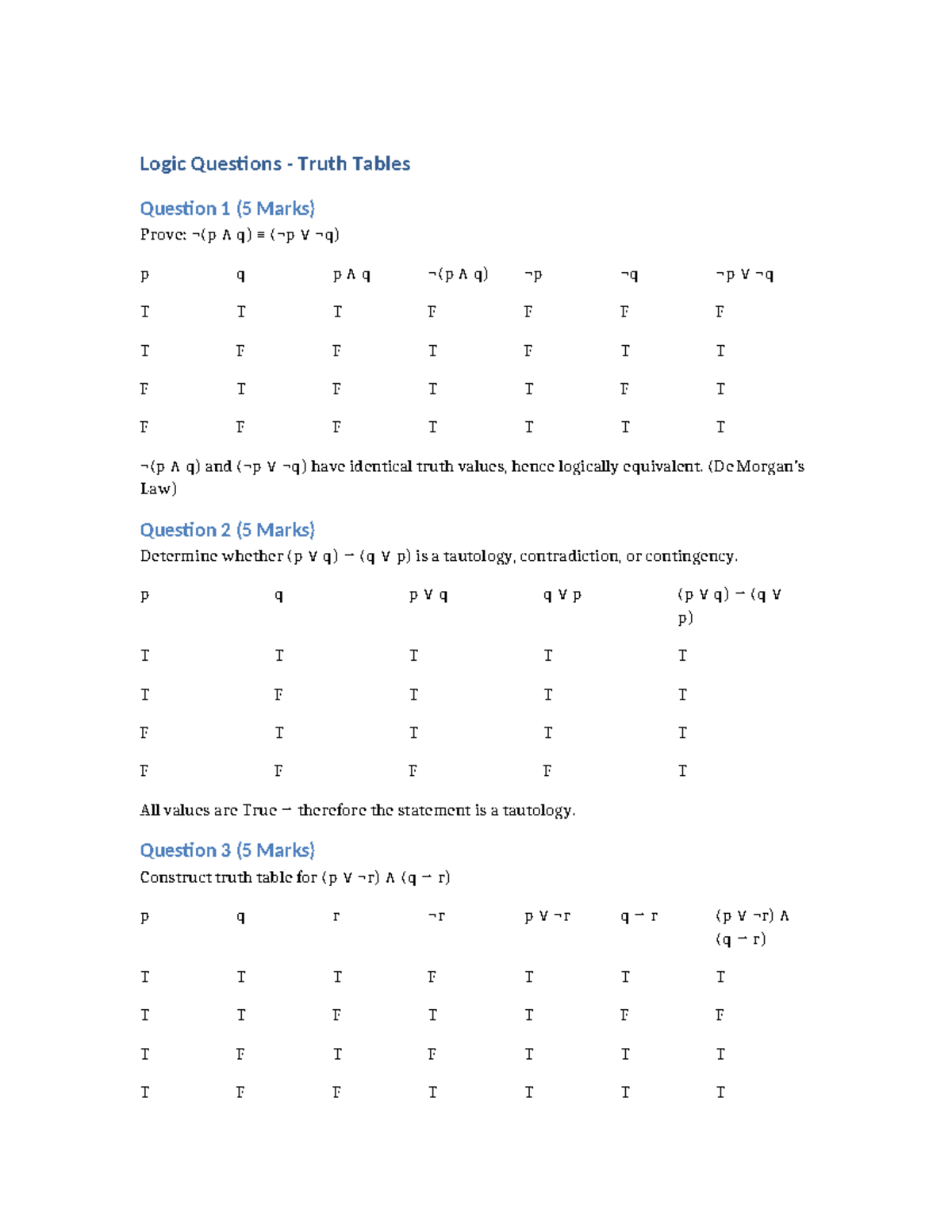 Logic Truth Tables - Questions & Answers (5 Marks Each) - Studocu