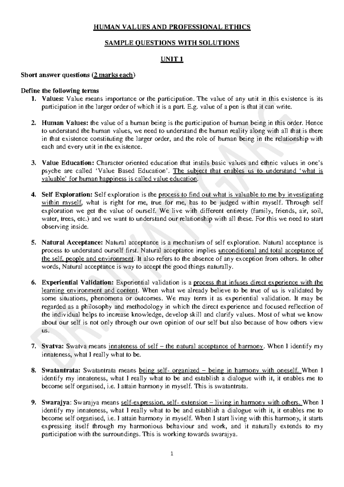 UHV Question Bank - HUMAN VALUES AND PROFESSIONAL ETHICS SAMPLE ...