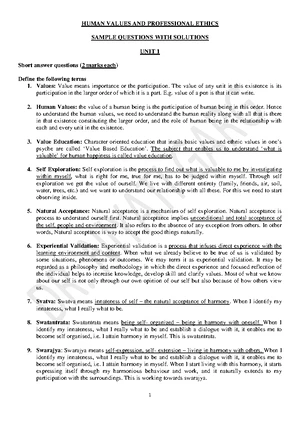 UHV Question Bank - HUMAN VALUES AND PROFESSIONAL ETHICS SAMPLE ...