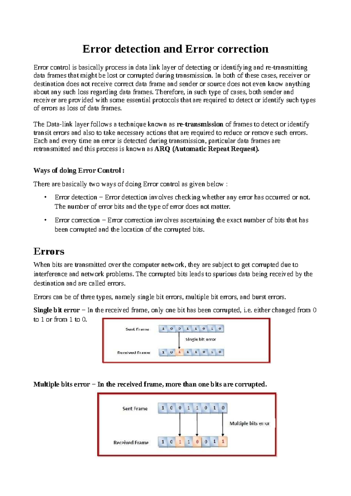 Error Detection and Correction in Data Link Layer (CS101) - Studocu