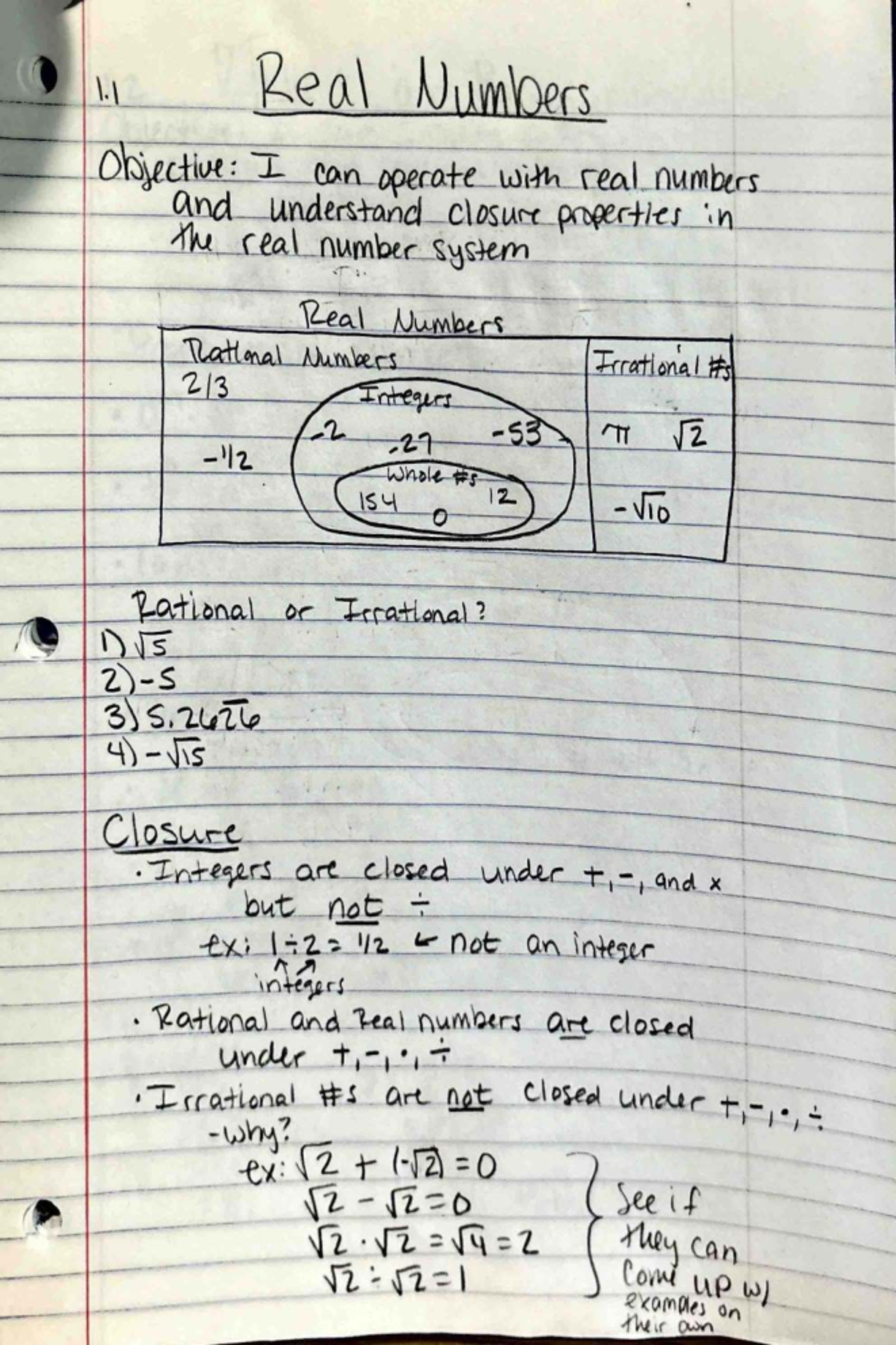 Alg 1 1.1 Notes: Understanding Real Numbers & Closure Properties - Studocu