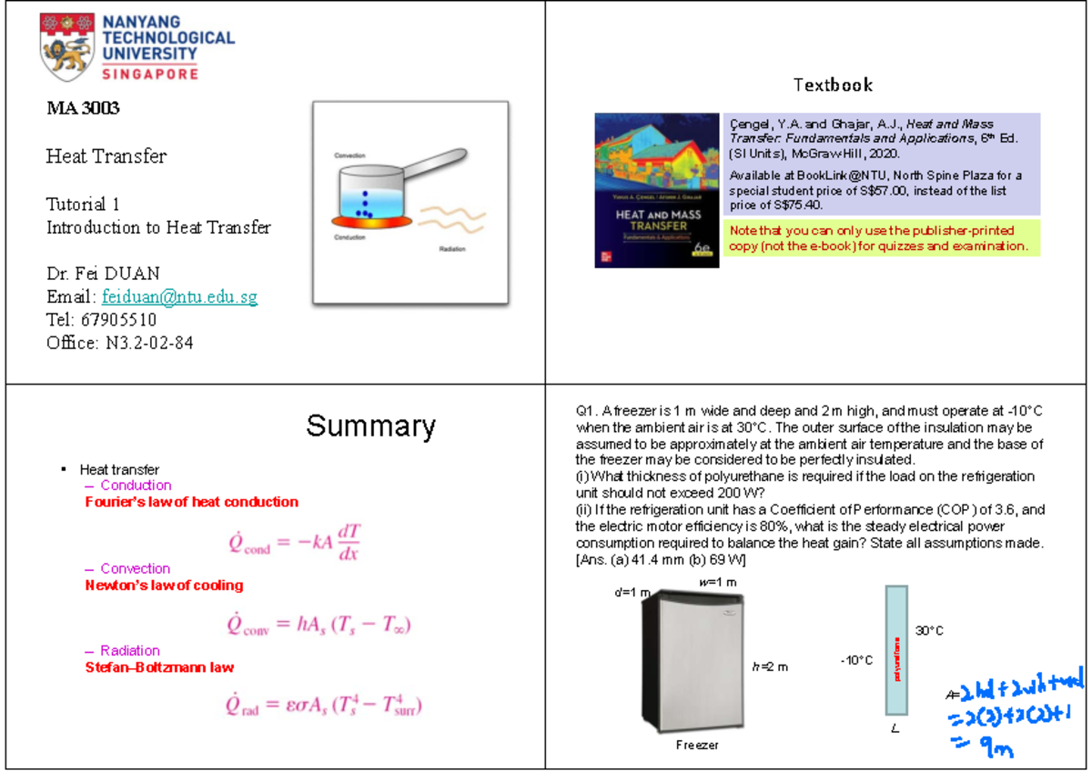 MA3003 2223 S1Tutorial 1P - MA 3003 Heat Transfer Tutorial 1 ...