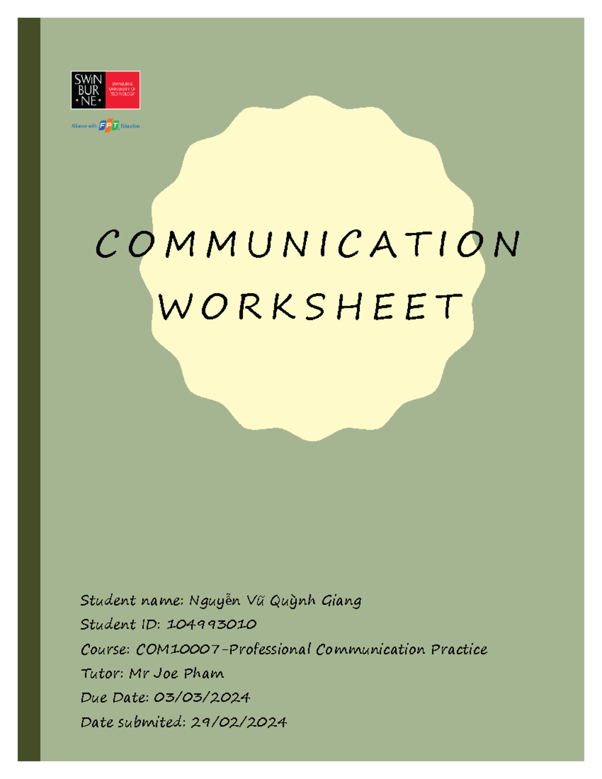 COM10007-Worksheet on Professional Communication Practices - Studocu