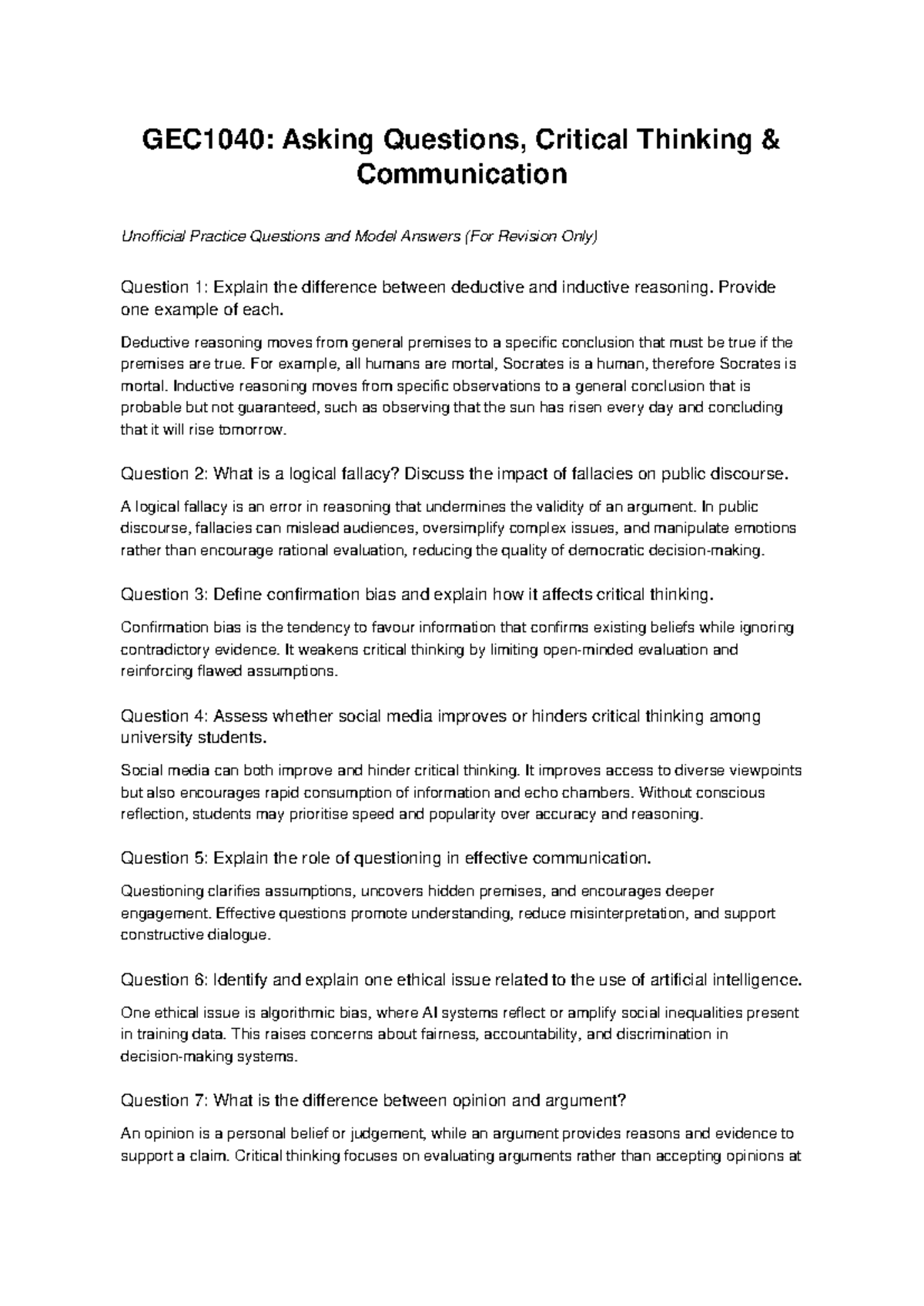 GEC1040: Critical Thinking Q&A - Practice Questions & Model Answers ...