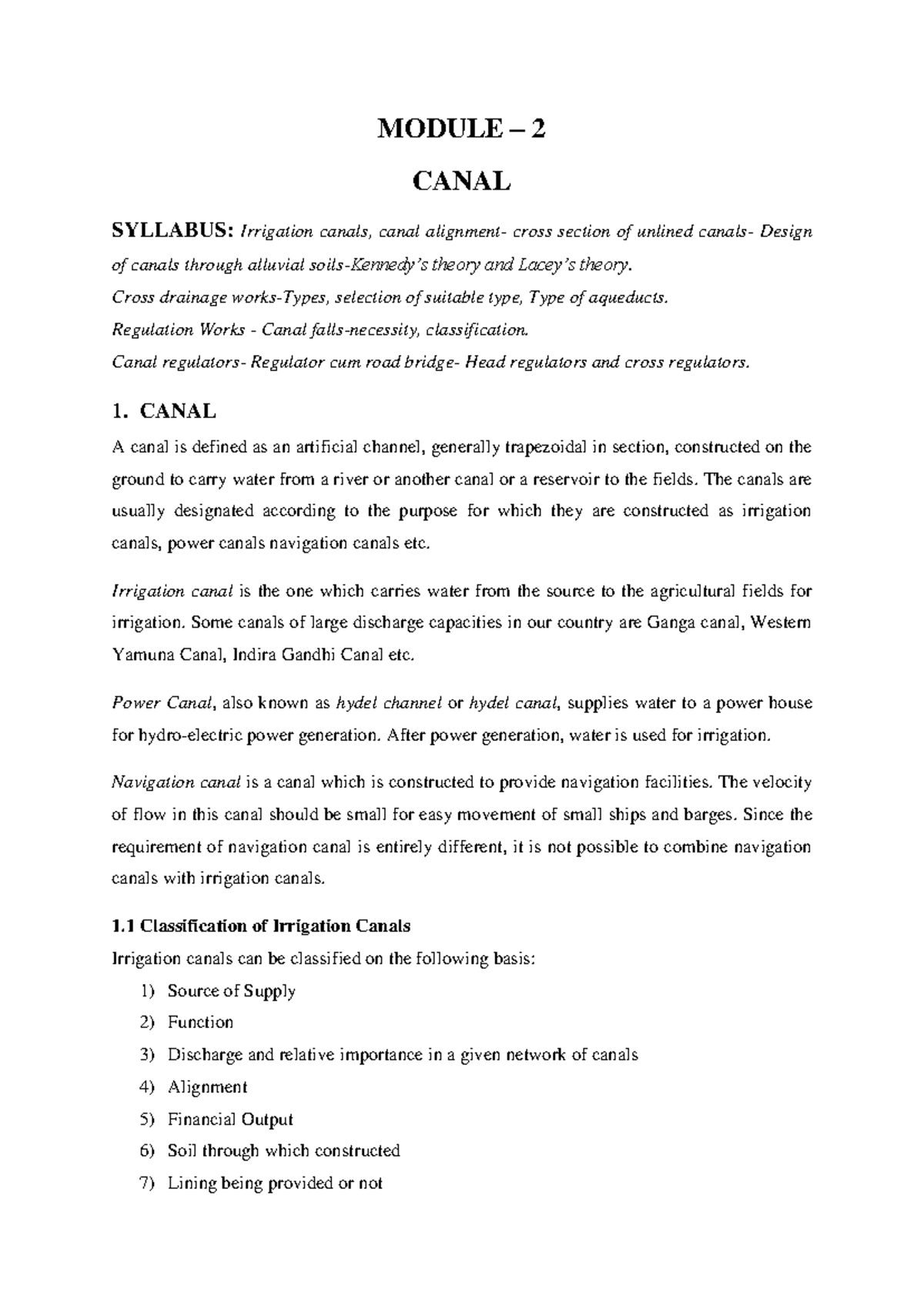 Module 2 - Lecture notes - MODULE – 2 CANAL SYLLABUS: Irrigation canals ...
