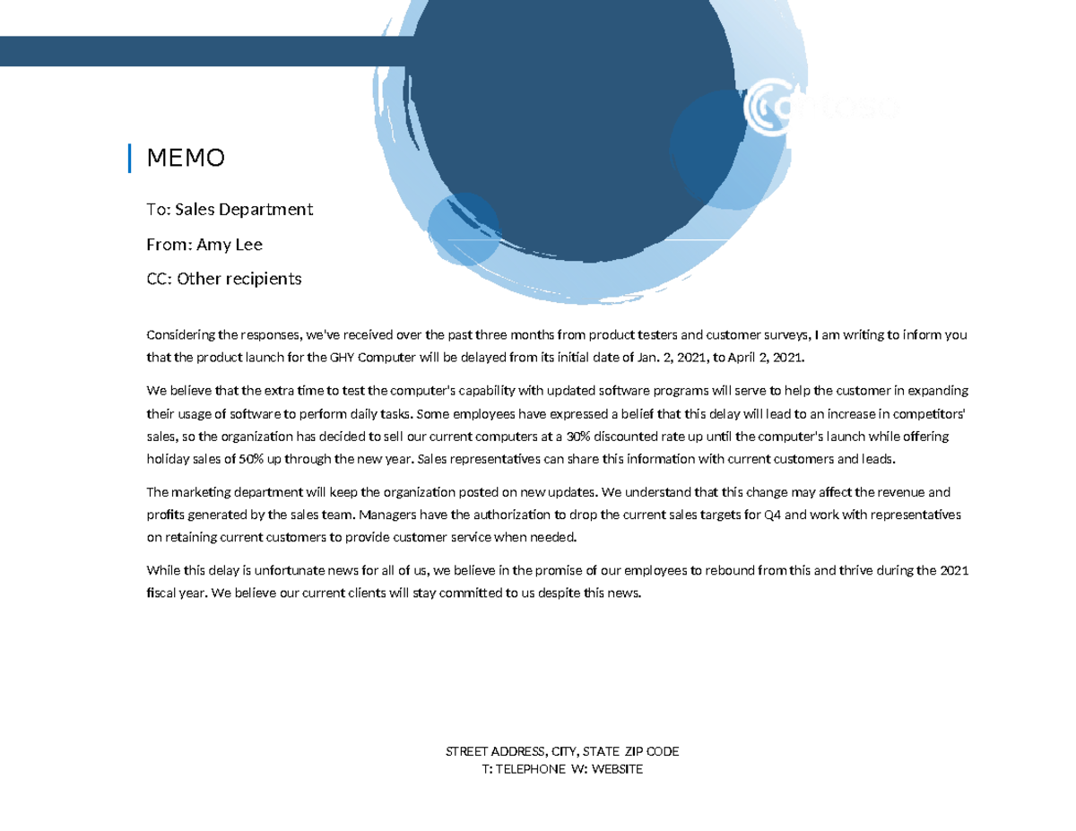 Project 4 - mos - MEMO To: Sales Department From: Amy Lee CC: Other ...