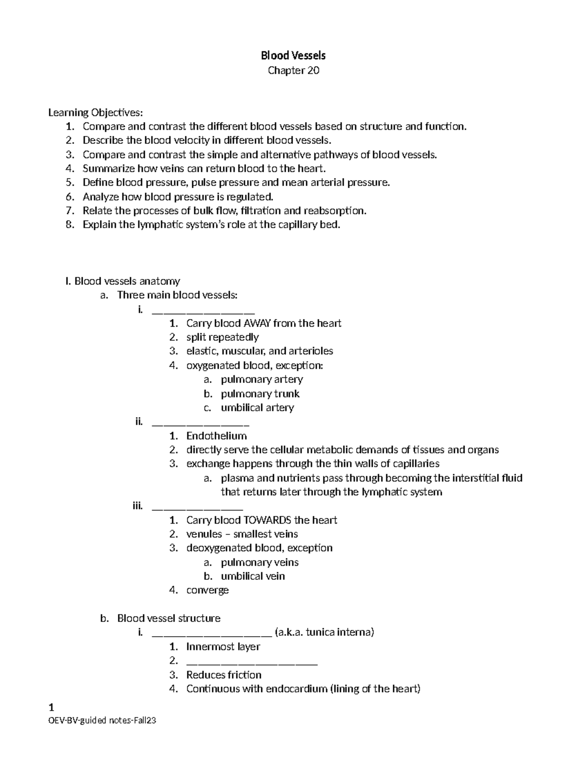 Blood Vessels (BIO 101) Chapter 20 Guided Notes - Fall 2023 - Studocu