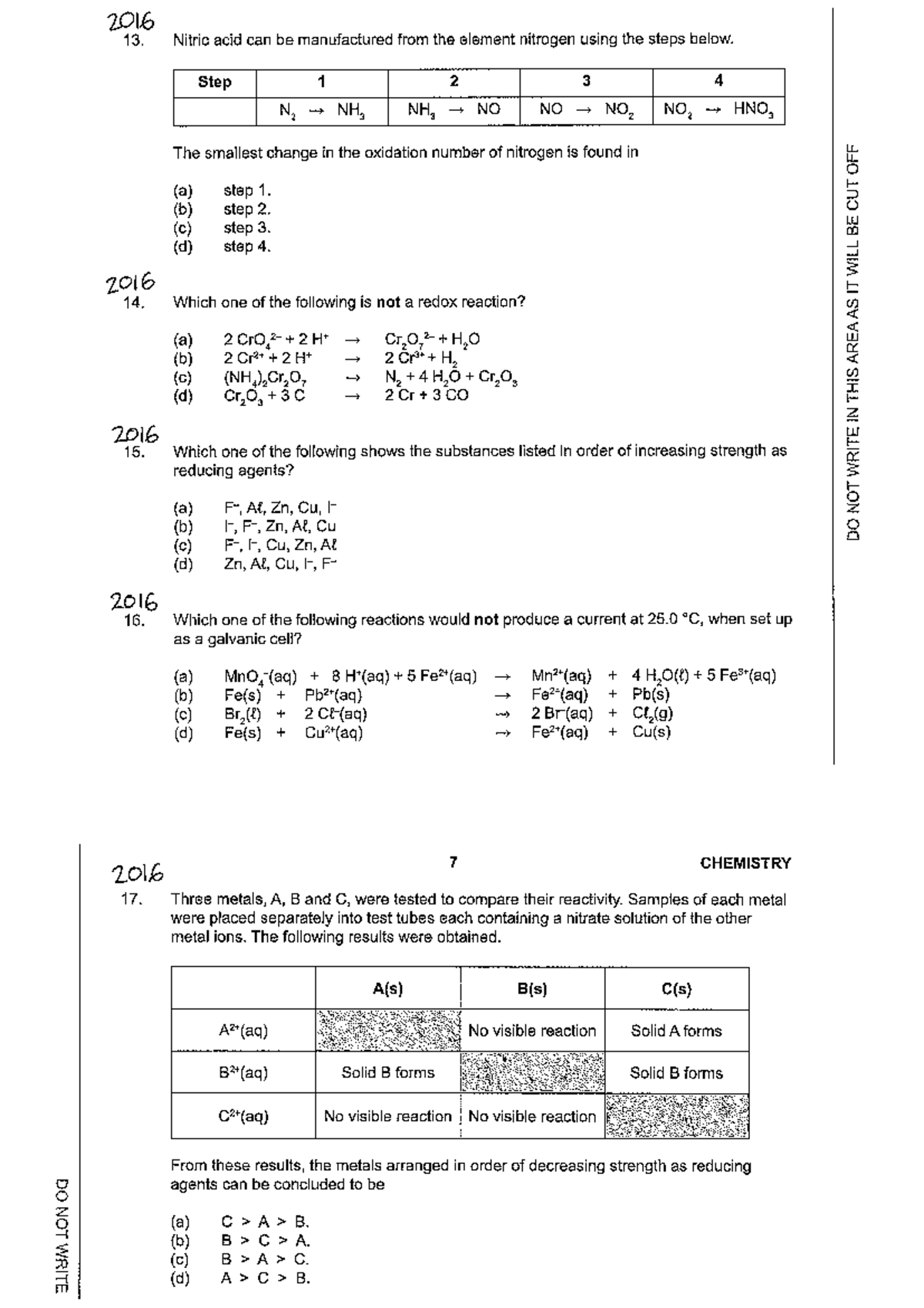 Redox Reactions and Galvanic Cells: WACE Chemistry Qs 2016-2020 - Studocu