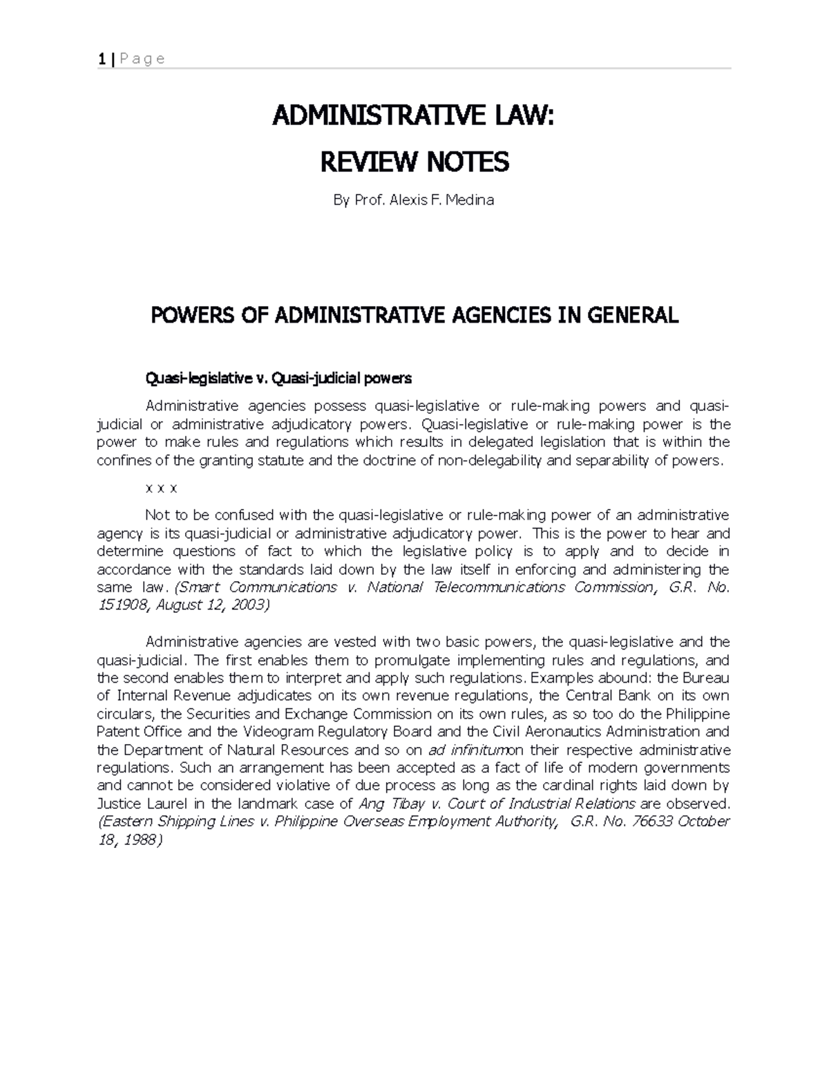 Admin Law Reviewer - ADMINISTRATIVE LAW: REVIEW NOTES By Prof. Alexis F ...