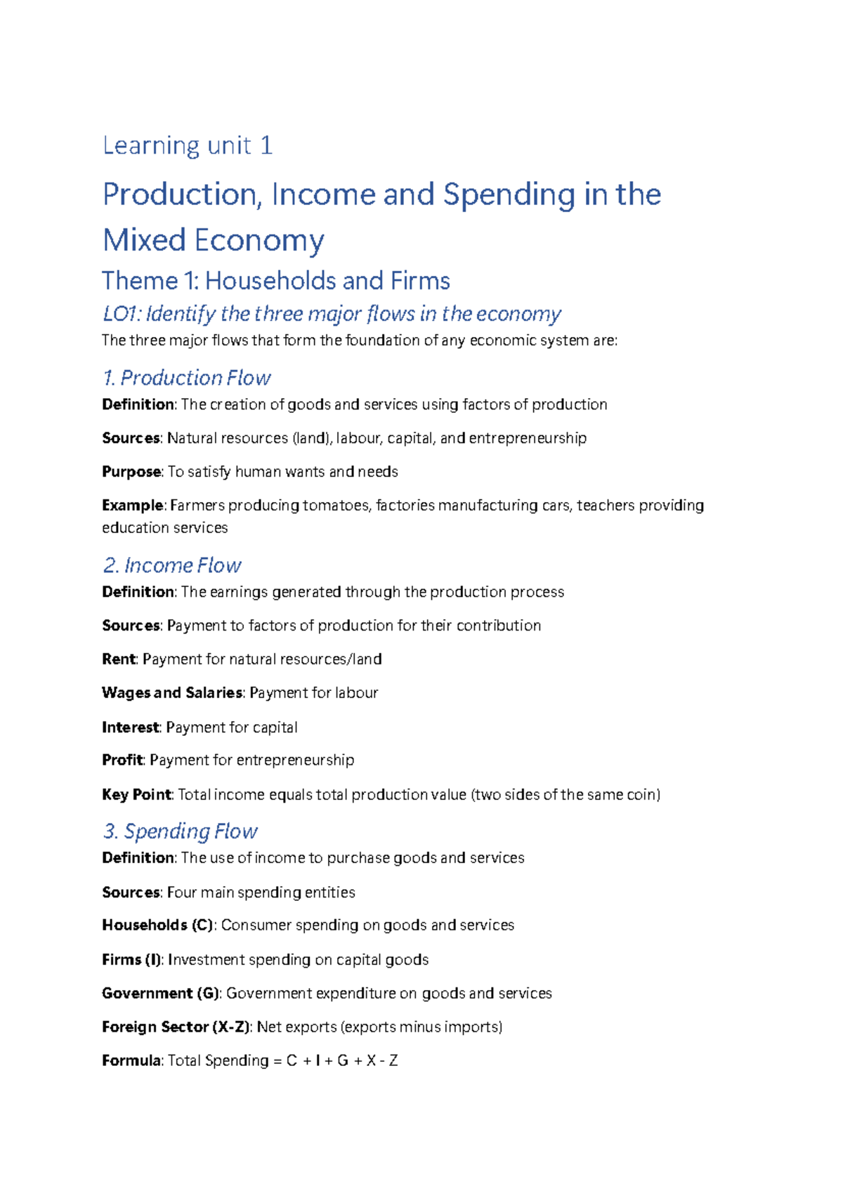 Learning Unit 1: Production, Income, and Spending in Mixed Economy ...