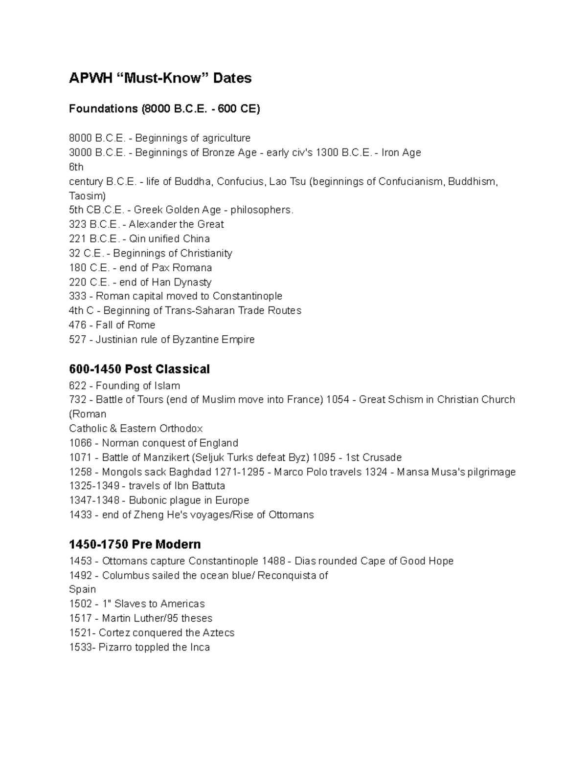 APWH Essential Dates Timeline: From Foundations to Postmodern Era - Studocu