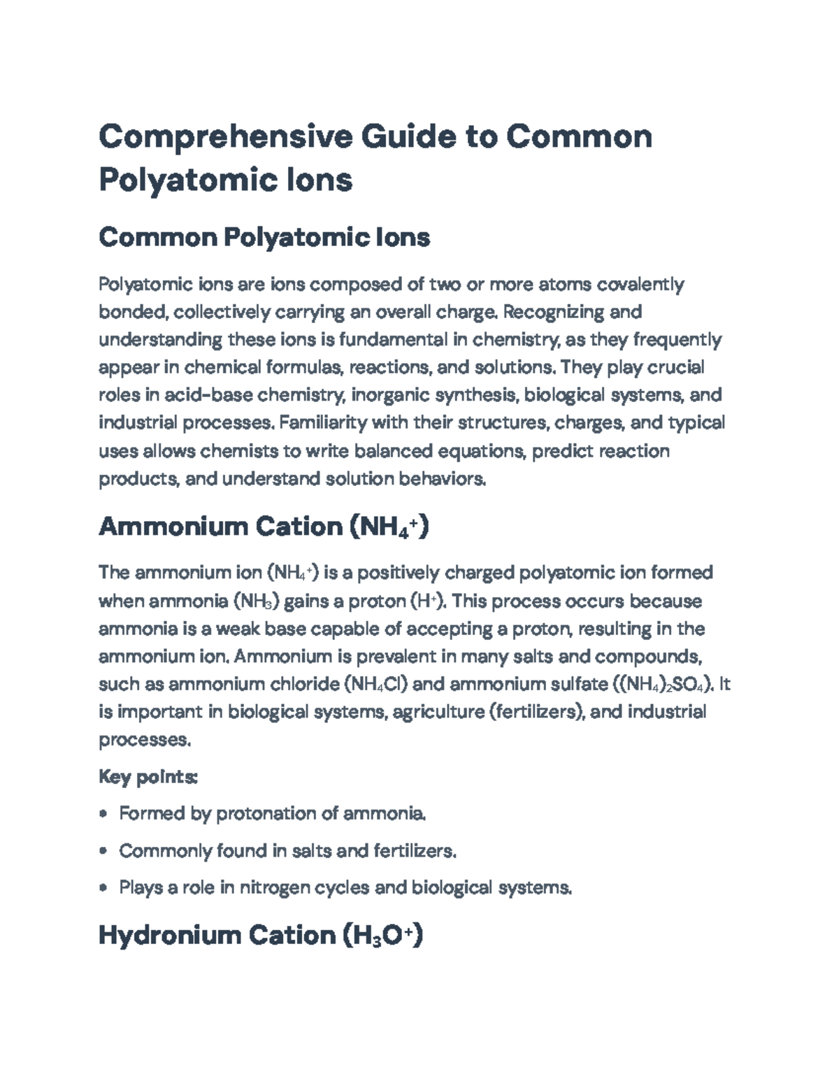 Comprehensive Overview of Common Polyatomic Ions (CHEM 101) - Studocu