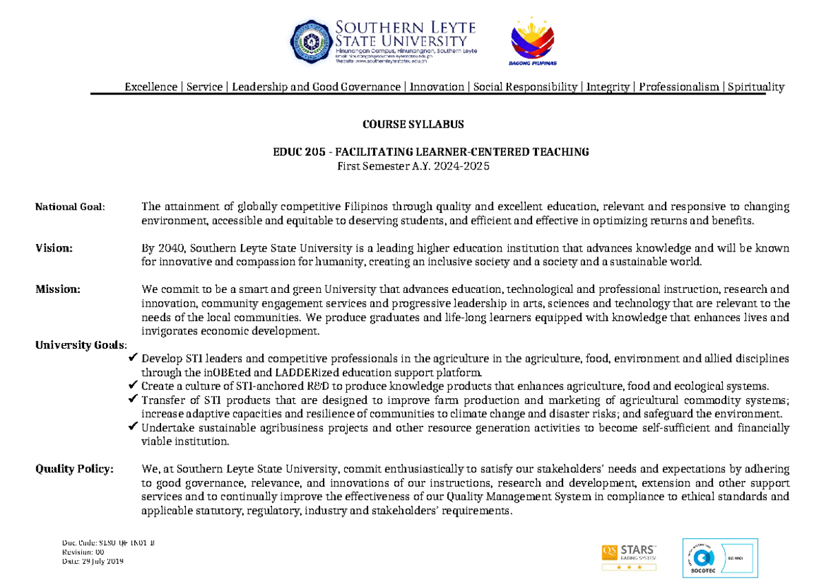 Facilitating Learner- Centered Teaching Syllabus - Doc. Code: SLSU-QF ...