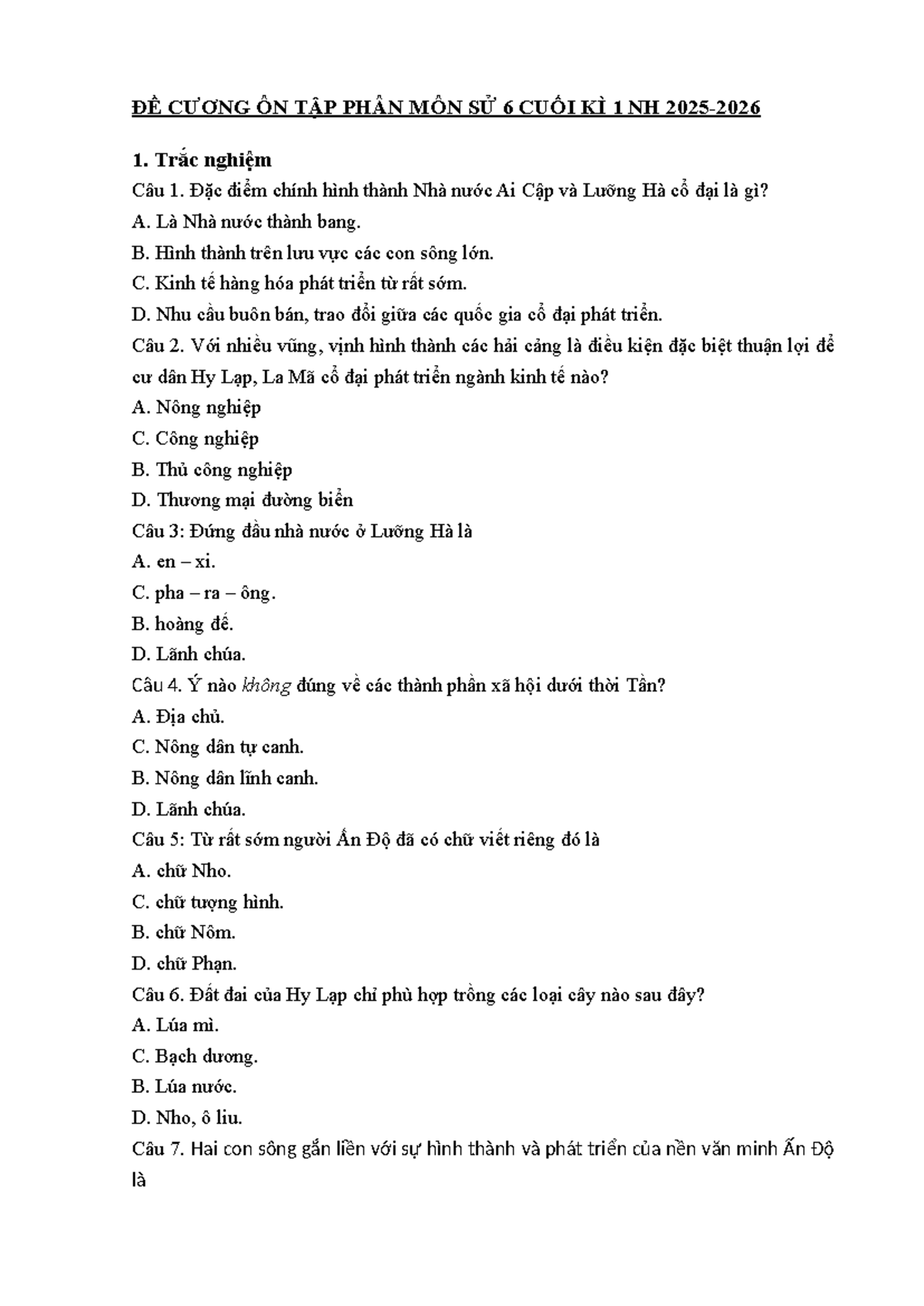 ĐỀ CƯƠNG ÔN TẬP PHÂN MÔN SỬ 6 CUỐI KÌ 1 NH 2025 - Studocu