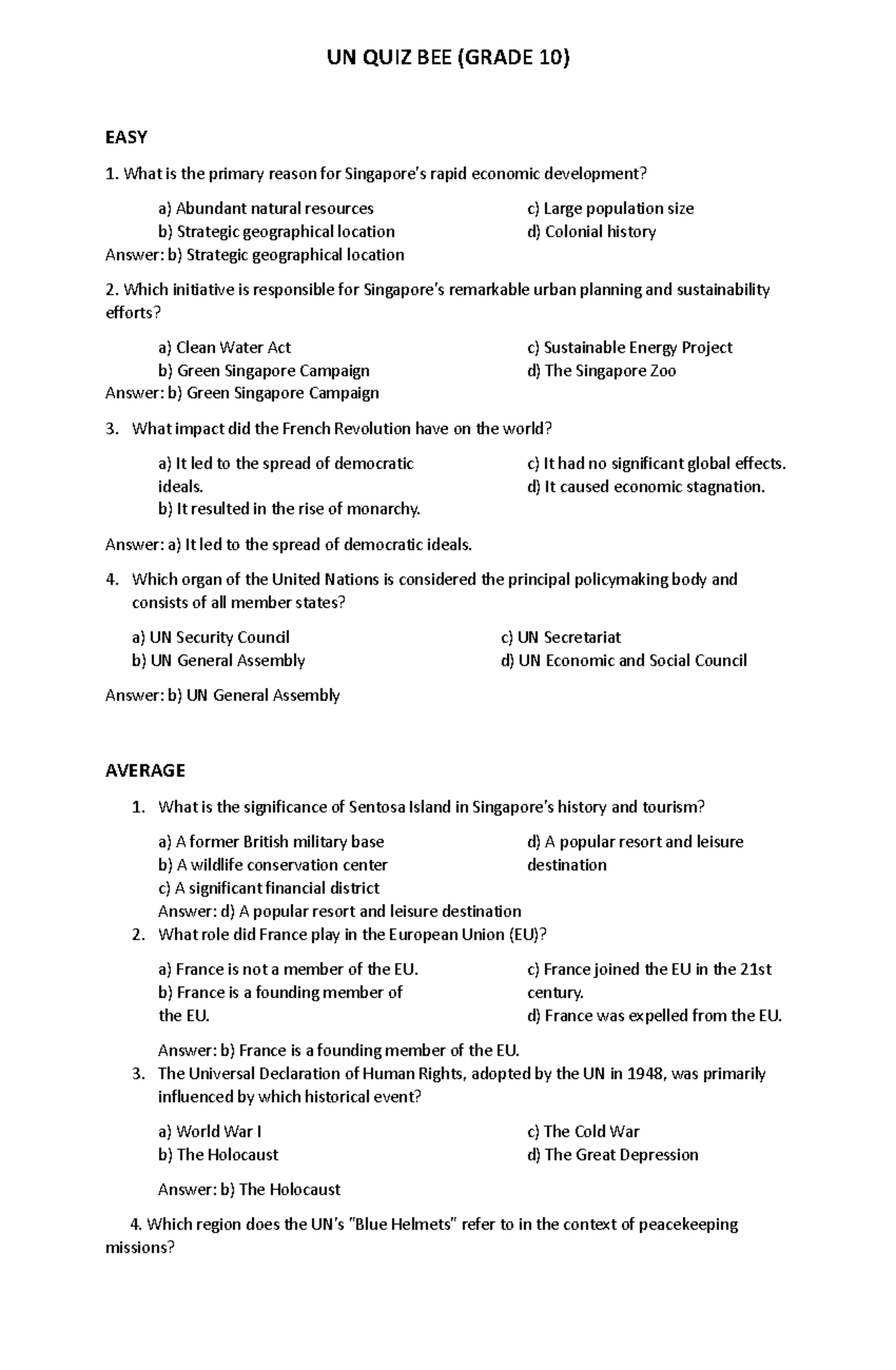 G10 UN QUIZ - Sustainable Dev. & Global Issues Quiz for Students - Studocu