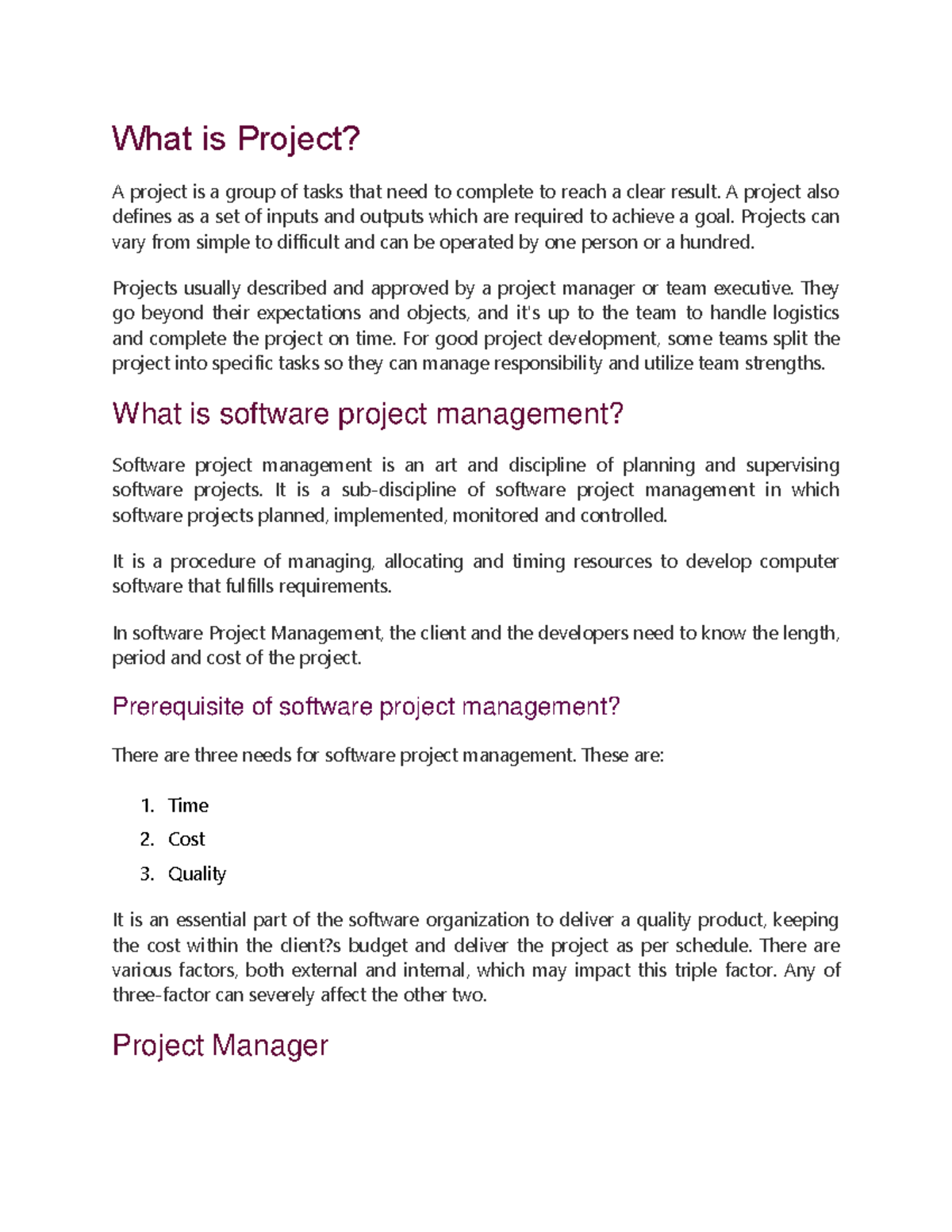 software project management.pdf - What is Project? A project is a group of tasks that need to ...