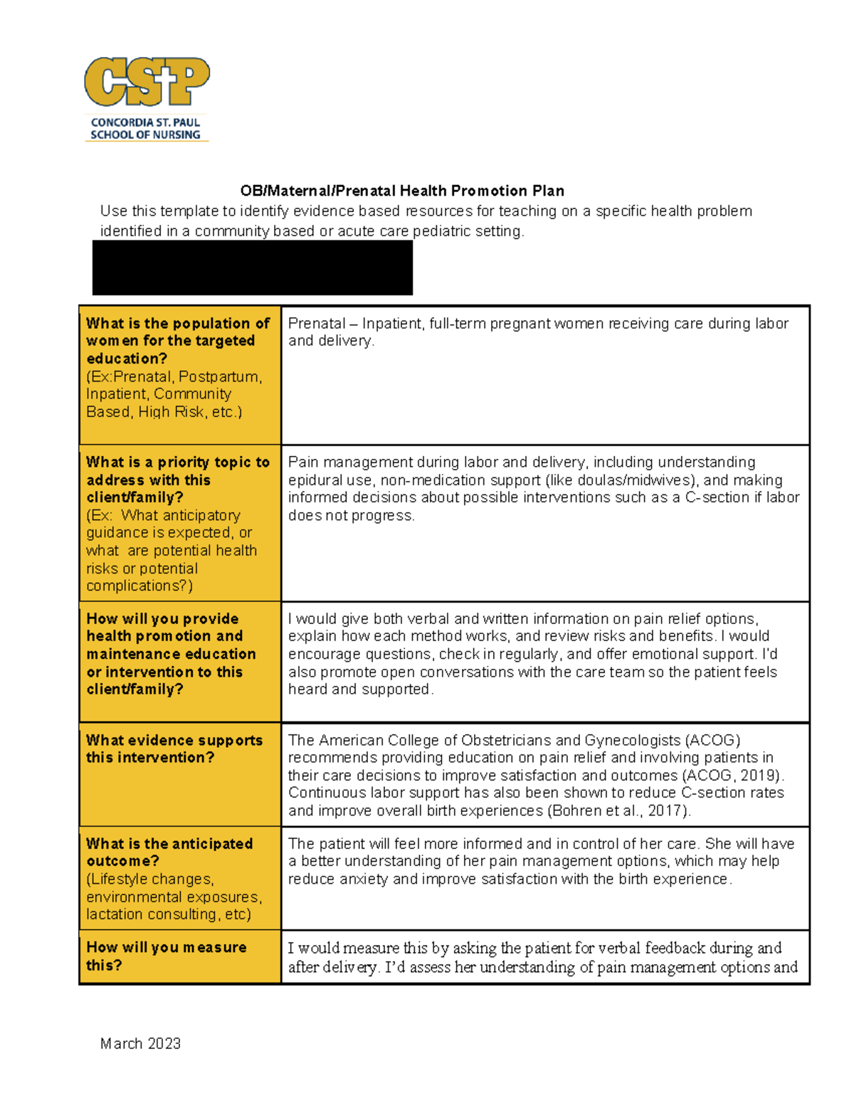Maternal Health Promotion Plan: Evidence-Based Strategies for Pain ...