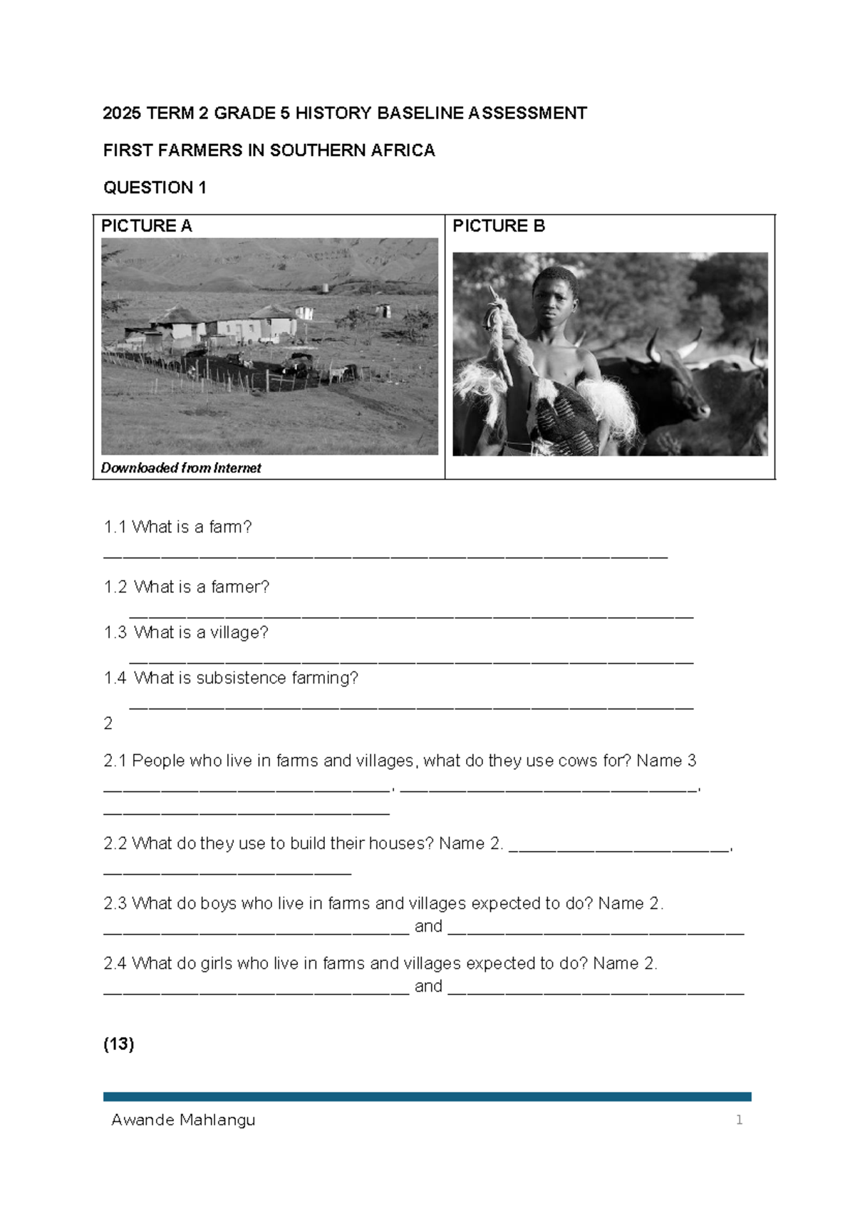 TERM 2 GRADE 5 HISTORY BASELINE ASSESSMENT QUESTIONS - Studocu