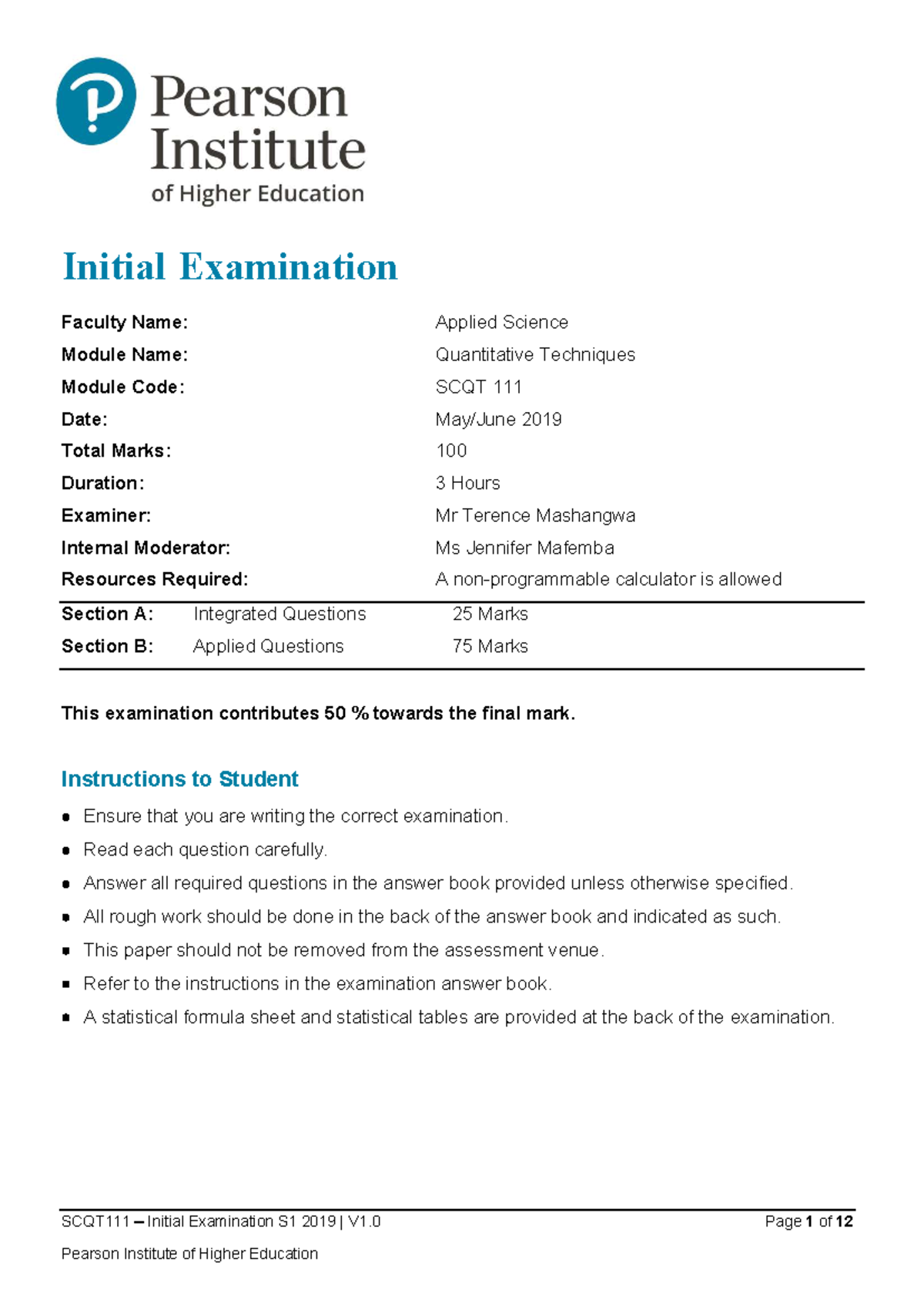 SCQT111 Final Exam Past Paper for Quantitative Techniques S1 2019 - Studocu