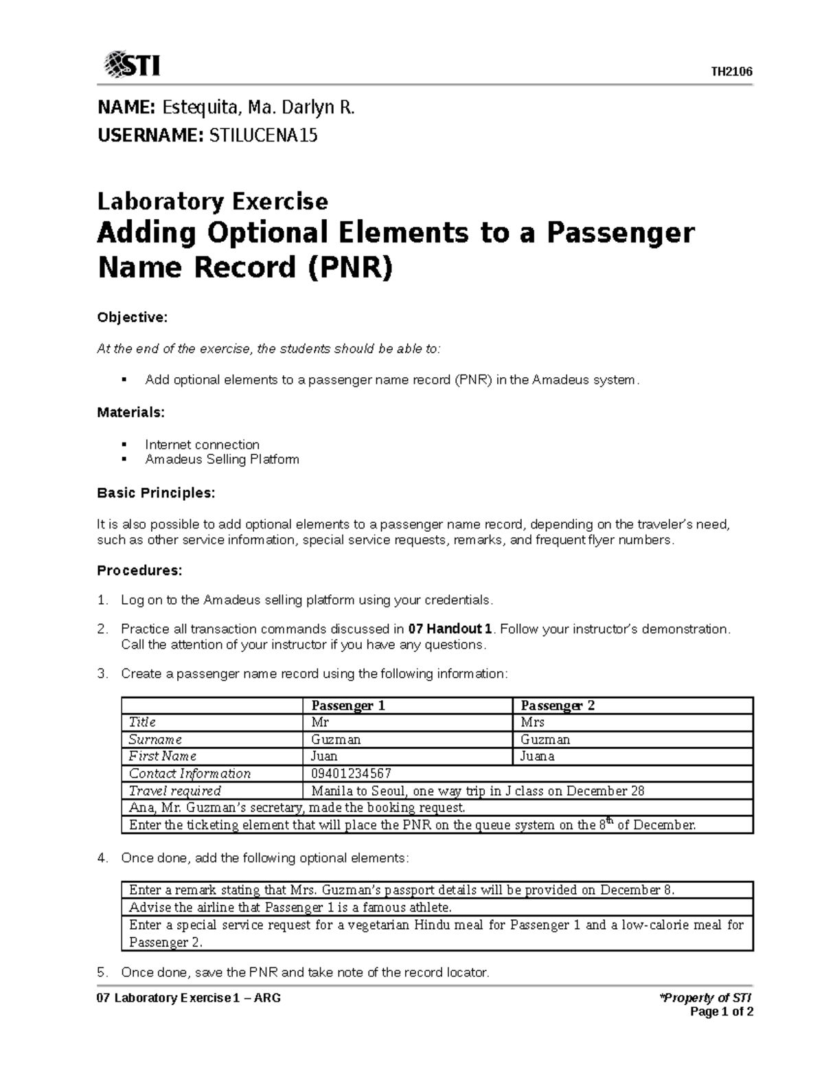 07 Laboratory Exercise 1 on PNR Management – ARG - Studocu