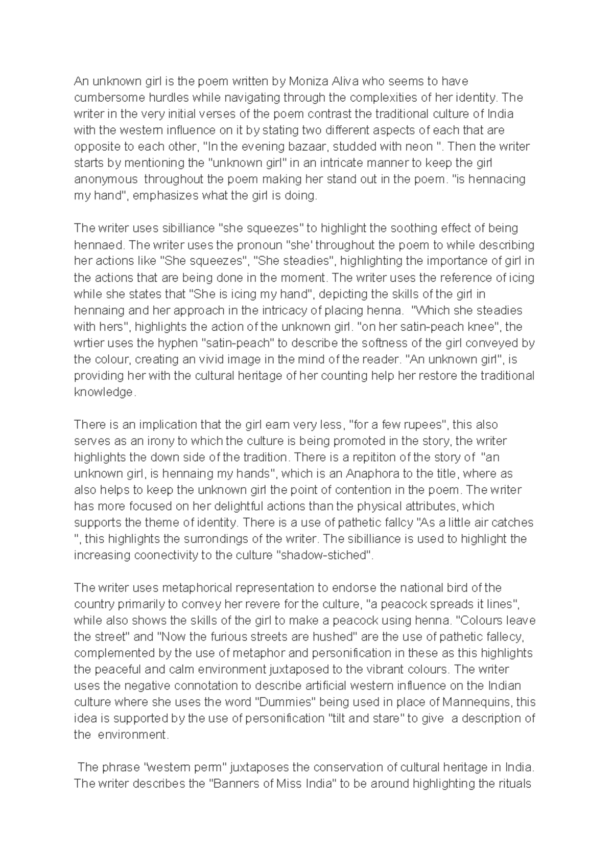 English Literature: Analysis of Moniza Alvi's Poem "An Unknown Girl ...