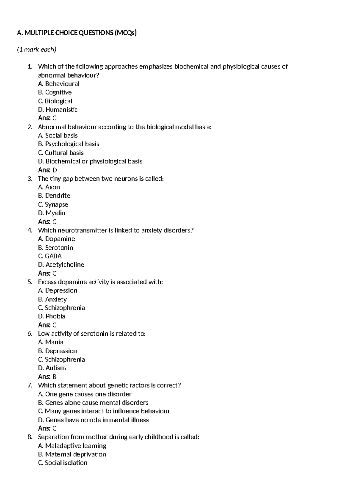 MCQs and Questions on Abnormal Behaviour - PSY 101 Final Exam Prep ...