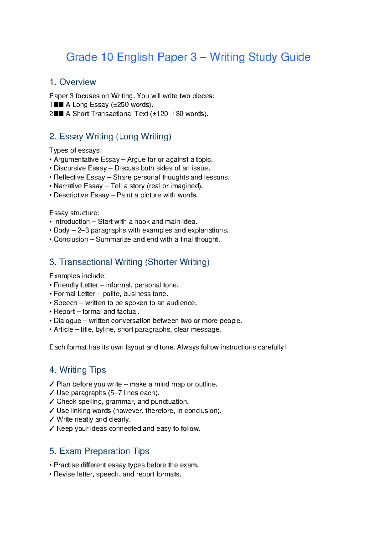 Grade 10 English Paper 3 Writing Study Guide: Essays & Transactional ...