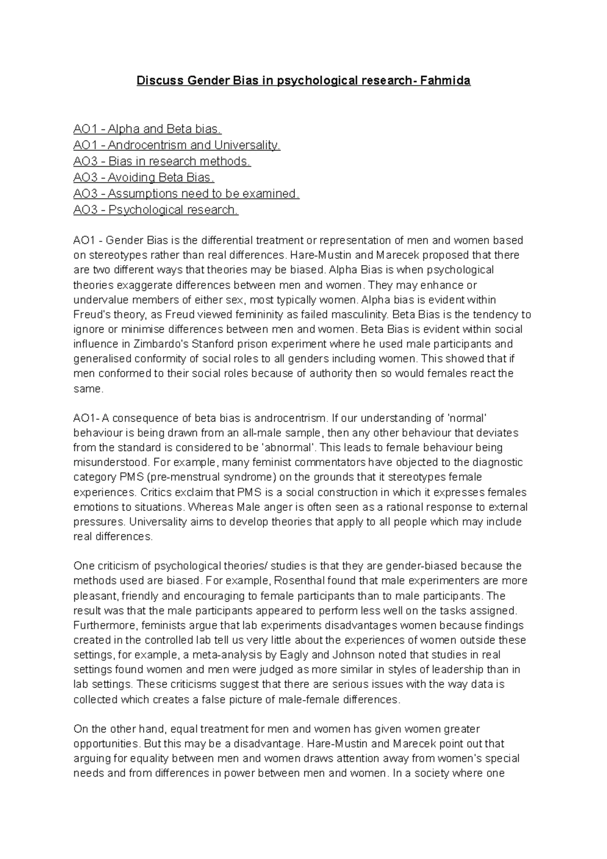 Discuss gender bias in psychological research - Refer to examples of ...