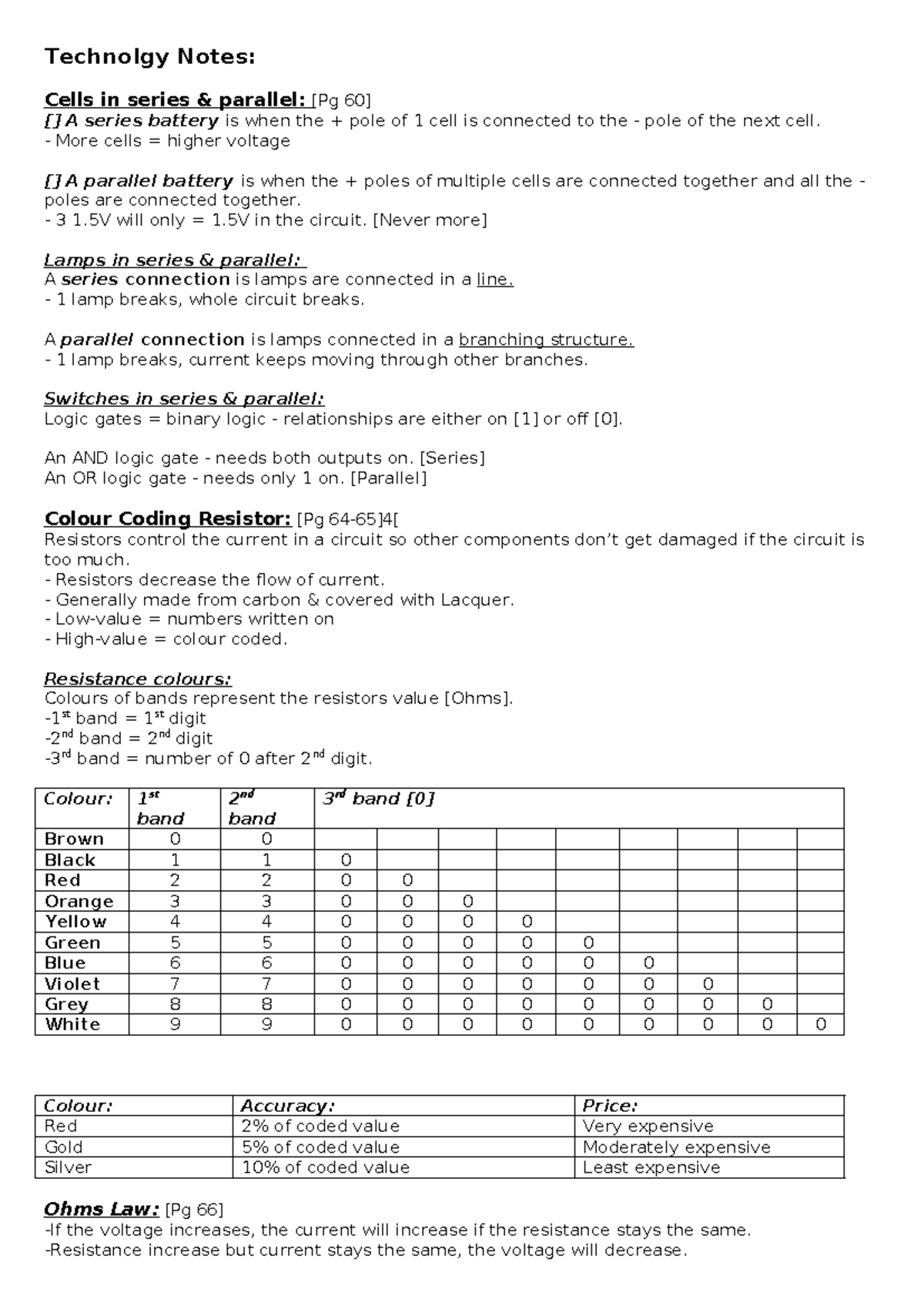 Grade 9 Technology Notes: Series and Parallel Circuits Explained - Studocu