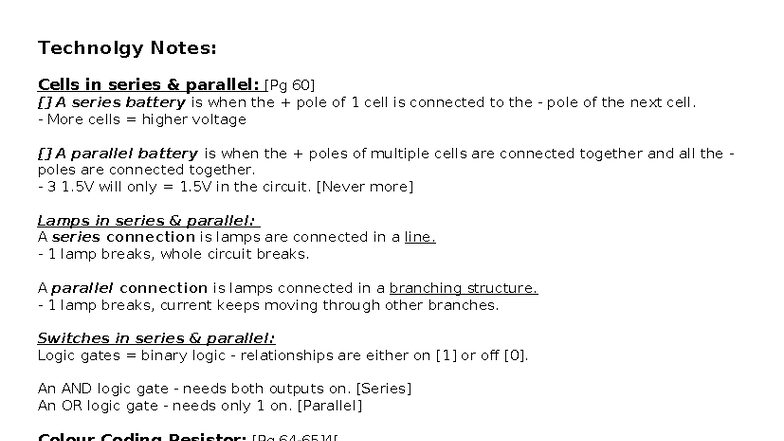 Grade 9 Technology Notes: Series and Parallel Circuits Explained - Studocu