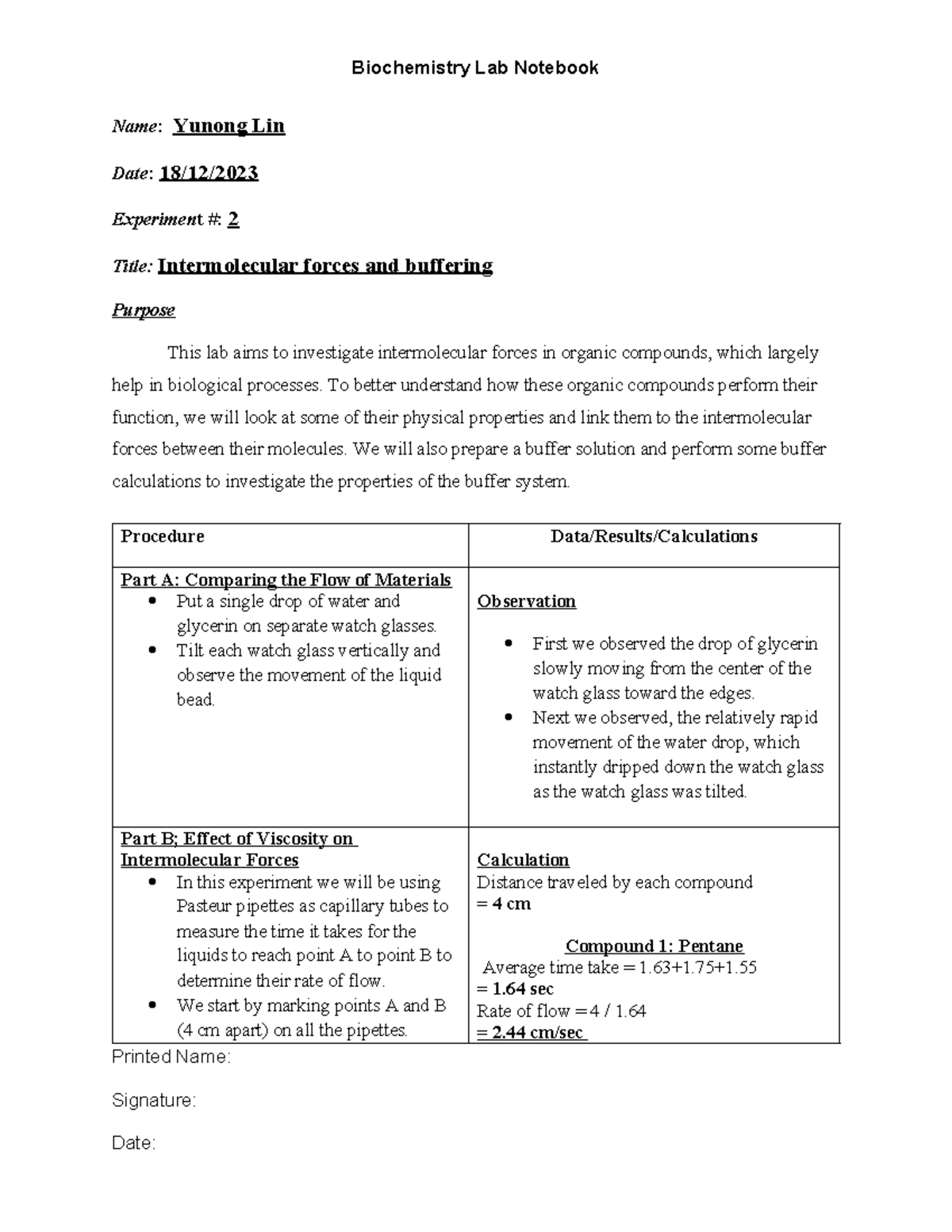 Biochemistry Lab Notebook: Intermolecular Forces & Buffers Exp. 2 - Studocu