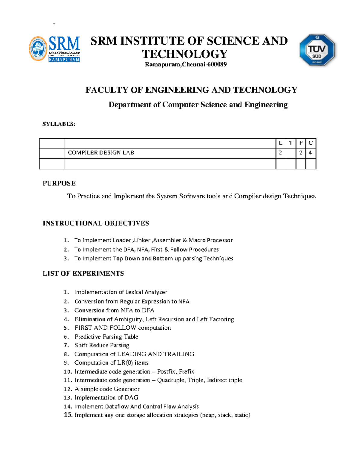 Compiler Design Lab Manual (CSE 2L) - Experiments & Implementation Techniques - Studocu