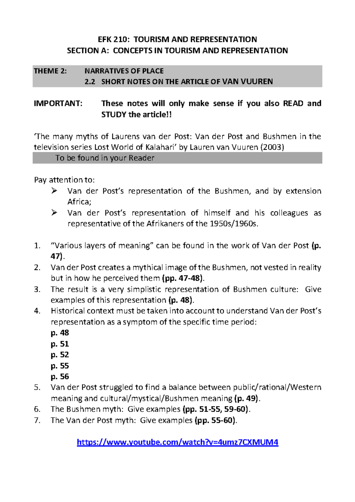 EFK210 Theme 2 Framework Van Vuuren Article 2022 - EFK 210: TOURISM AND ...