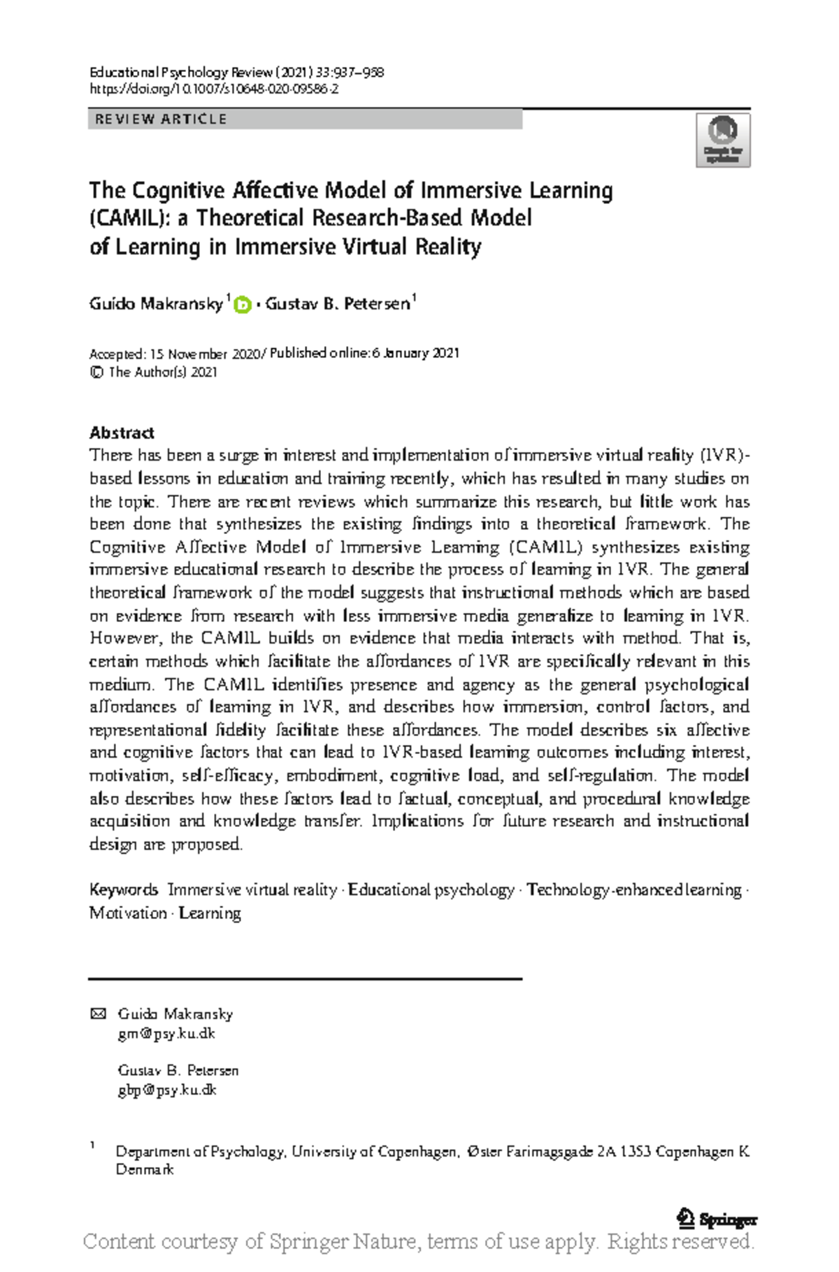 CAMIL: The Cognitive Affective Model of Immersive Learning in IVR - Studocu